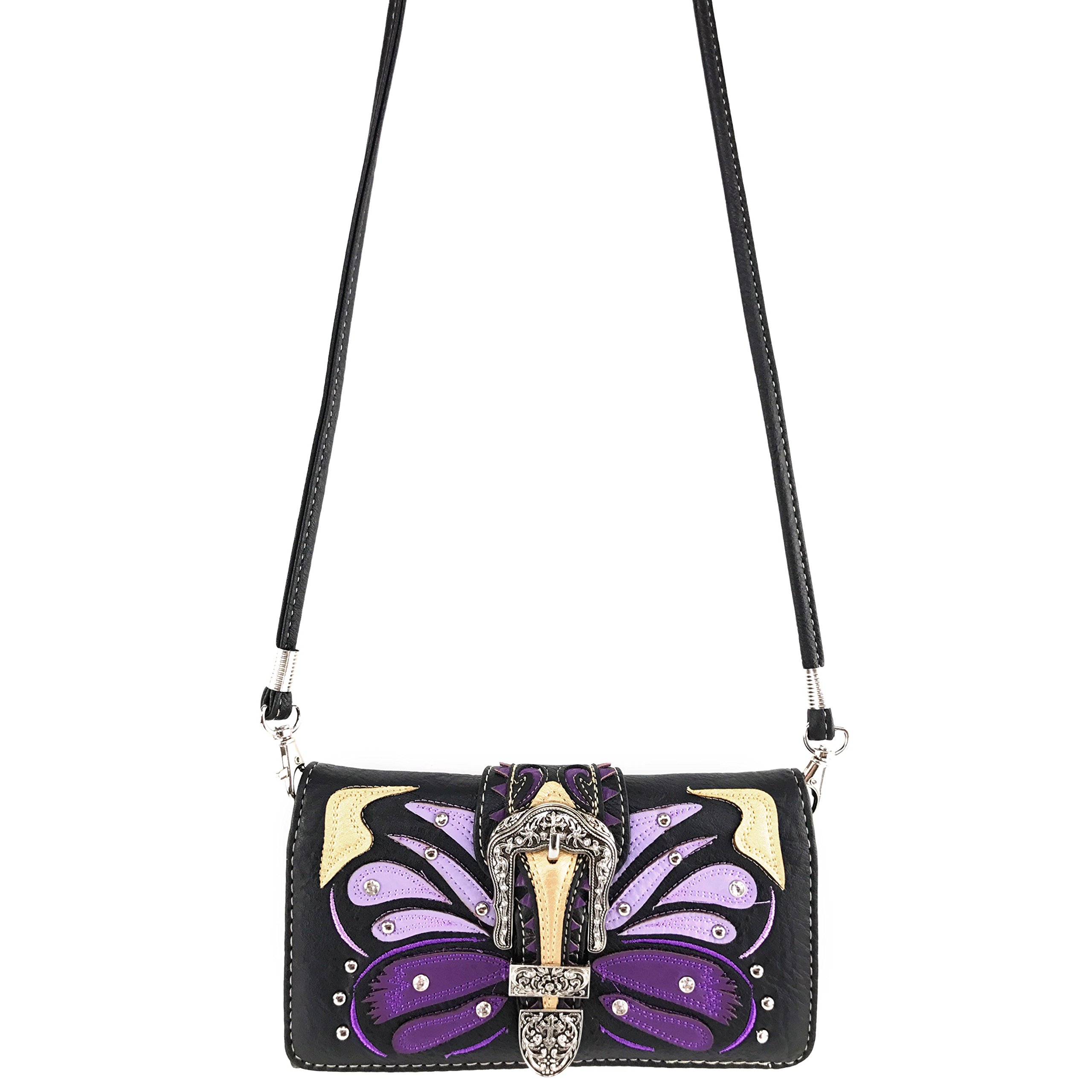 Zelris Buckle Abstract Butterfly Artwork Women Crossbody Wrist Trifold Wallet (Purple)