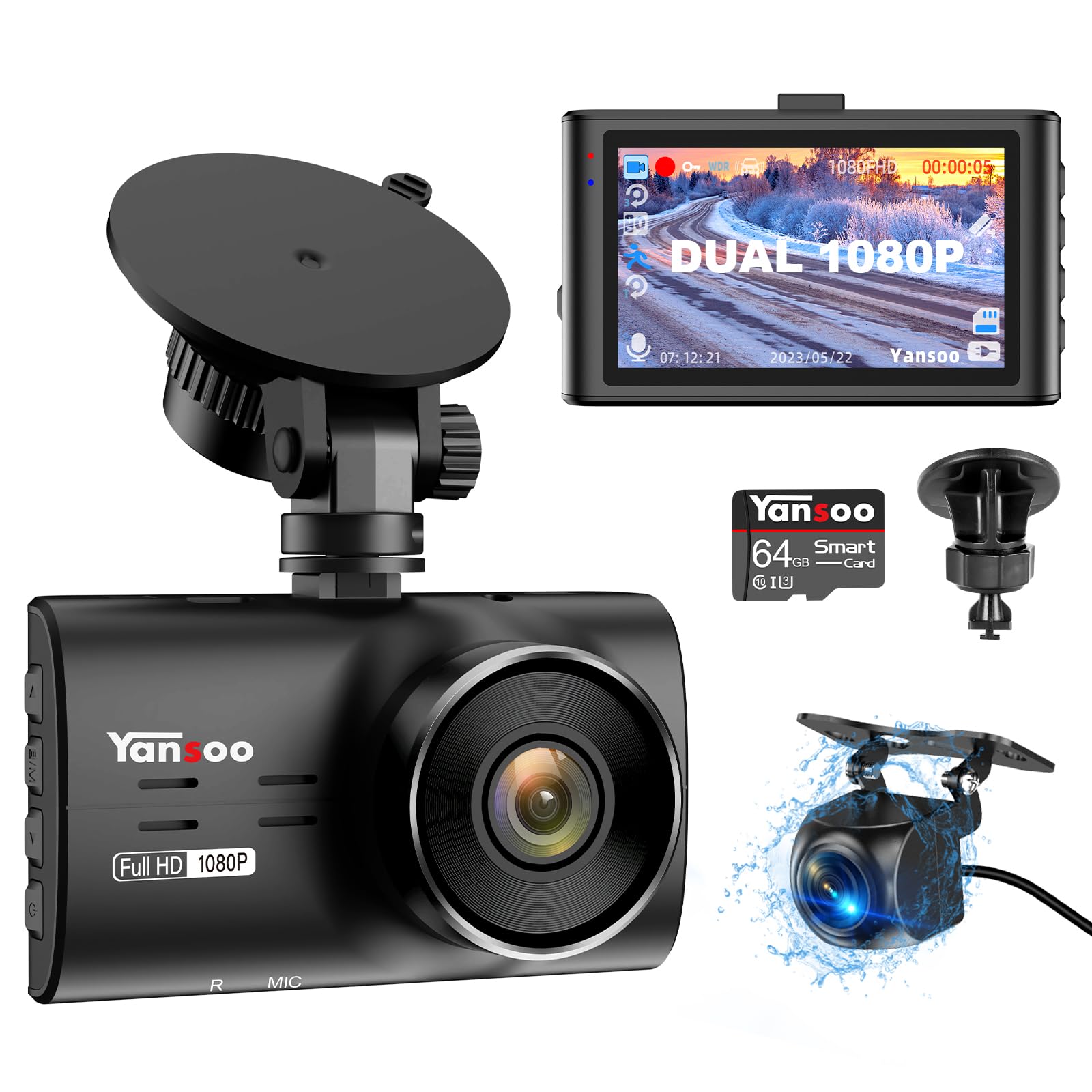 Dual Dashcams for Cars Front and Rear,1080P Super Night Vision Dash Cam Front and Rear,3" IPS Dual Dash Camera for Cars with G-Sensor,Loop Recording,Parking Monitor,Motion Detection