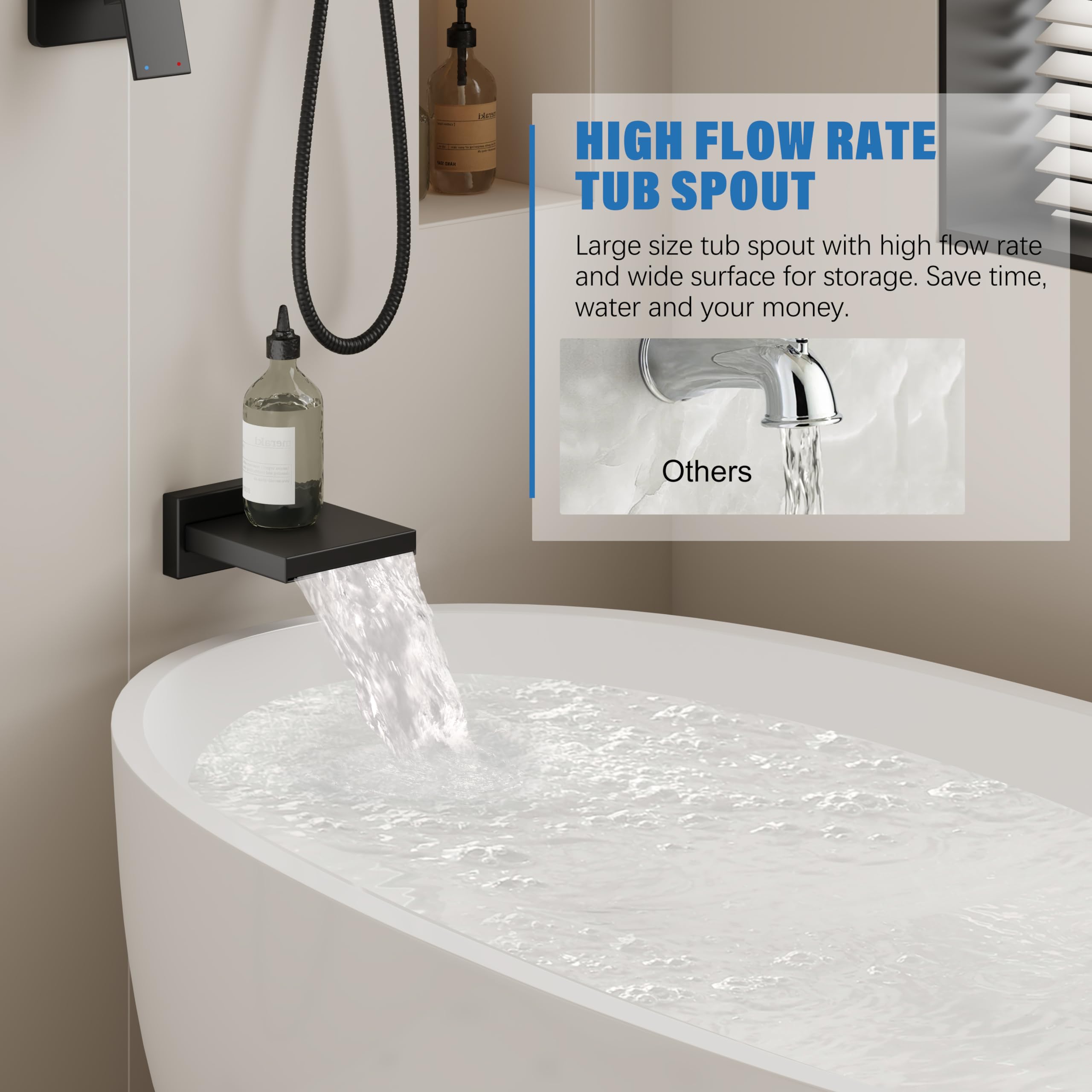Holispa Black Shower System with Tub Spout, All Metal Tub Shower Faucet Set with 10β Rain Shower Head and Handheld Spray combo, Wall Mounted Tub Shower Systems with Valve and Trim Kit, Matte Black