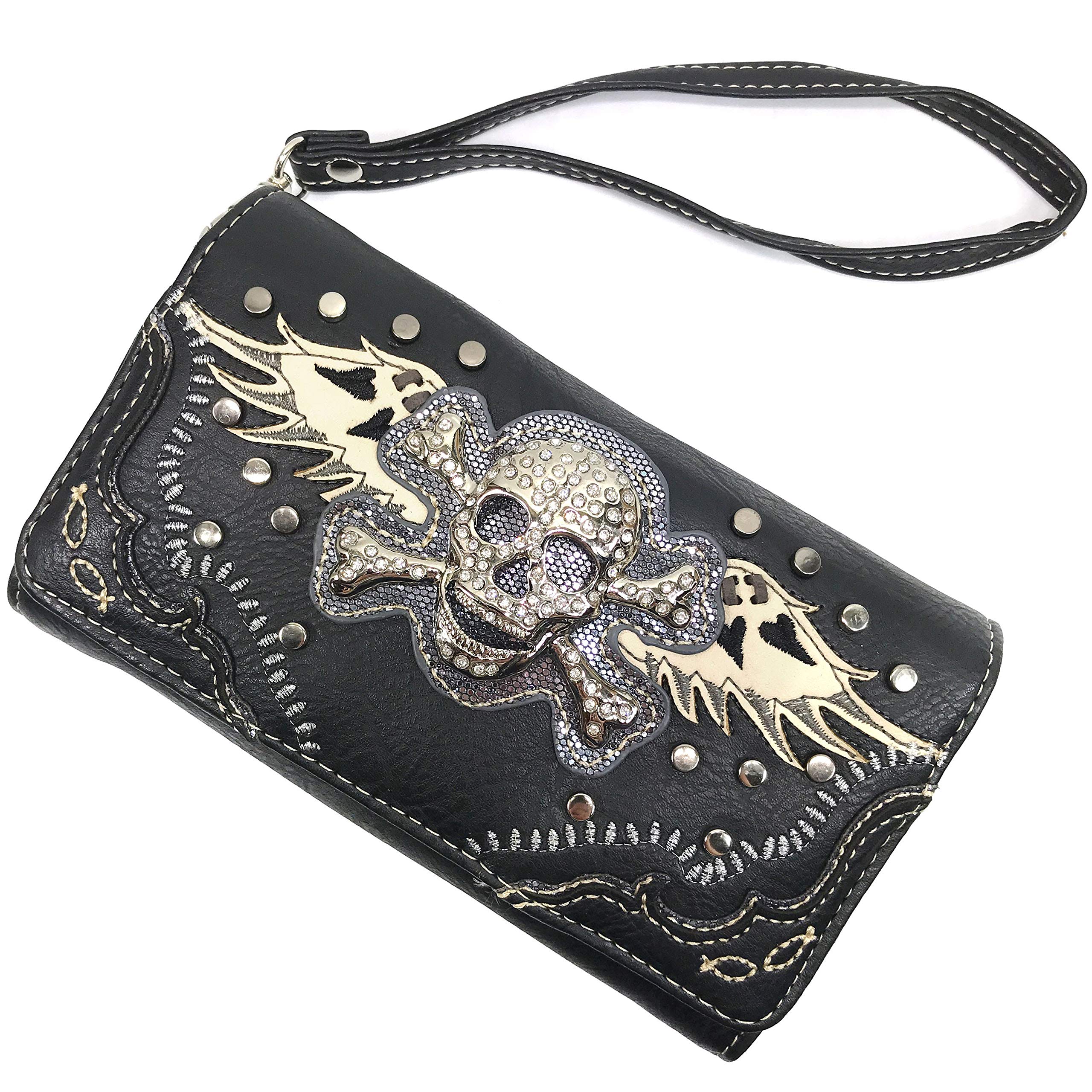 Zelris Skull Crossbones Angel Wings Heart Women Conceal Carry Handbag Wallet Set (Black)