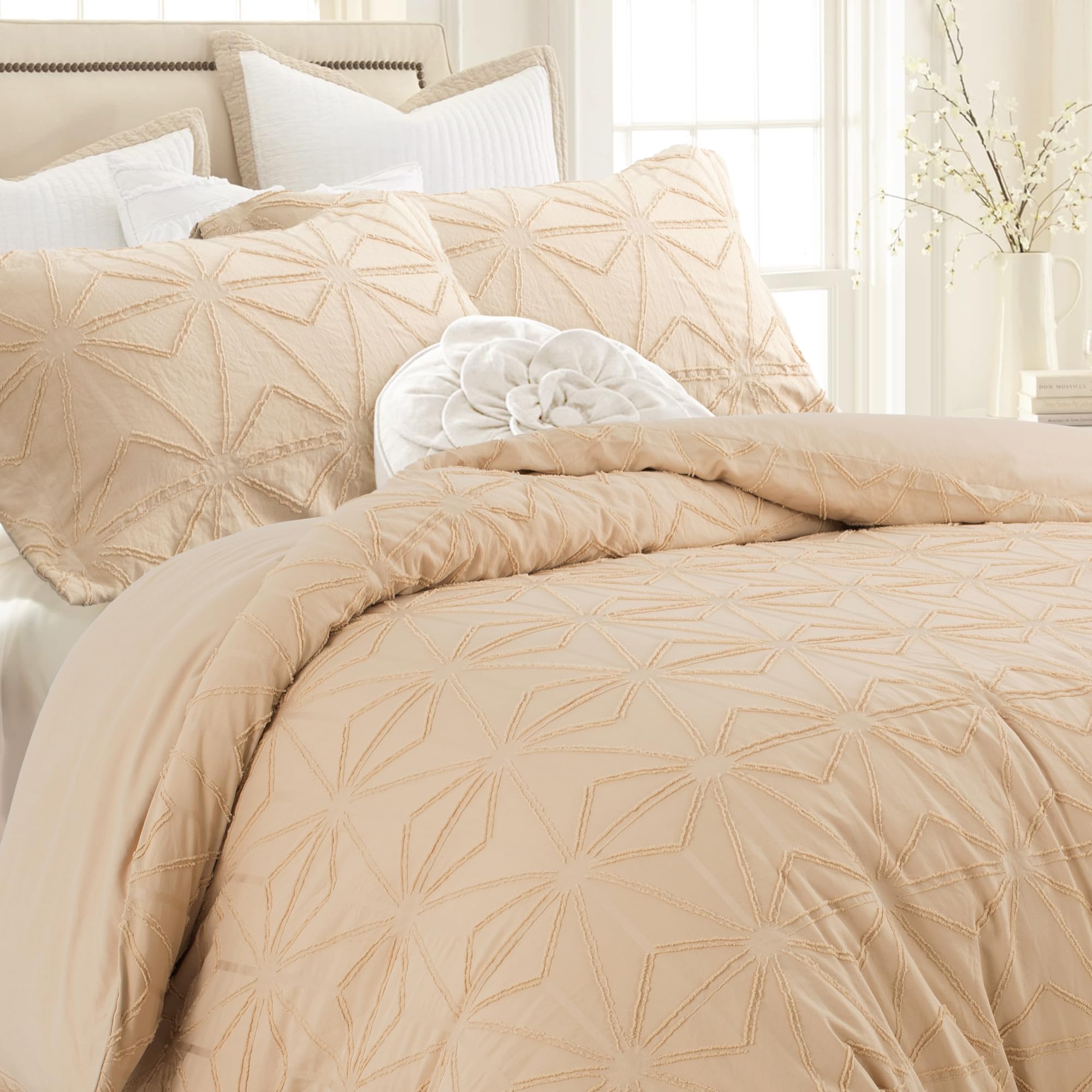LONG CREATE Khaki Duvet Cover Twin Size - Tufted Duvet Cover Set Washed Microfiber, Boho Jacquard Pattern Comforter Cover with Zipper, Soft 2PCS Bedding Set (1 Duvet Cover 68x90, 1 Pillowcase)