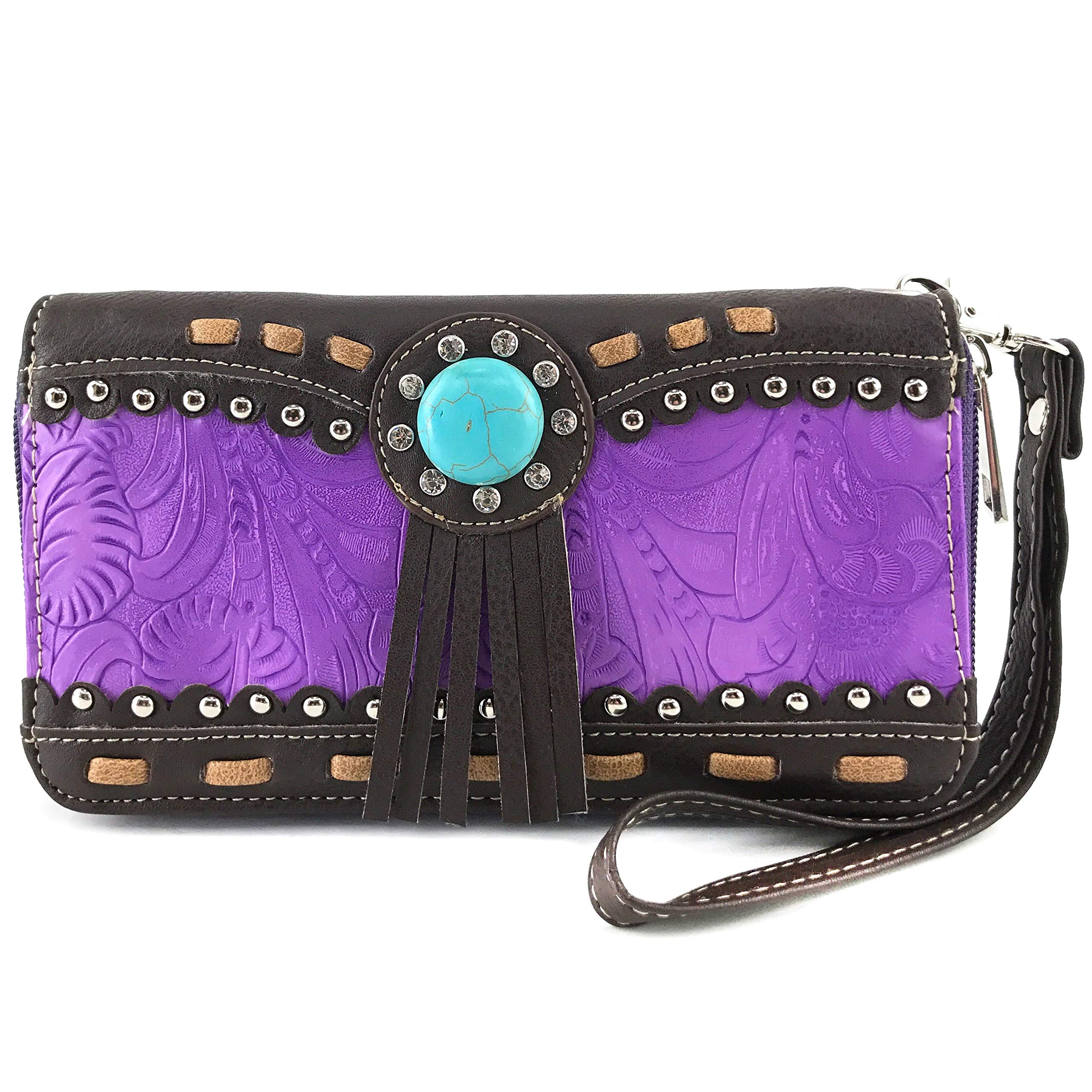 Zelris Turquoise Concho Western Floral Women Wrist Handle Bifold Zipper Wallet (Red)