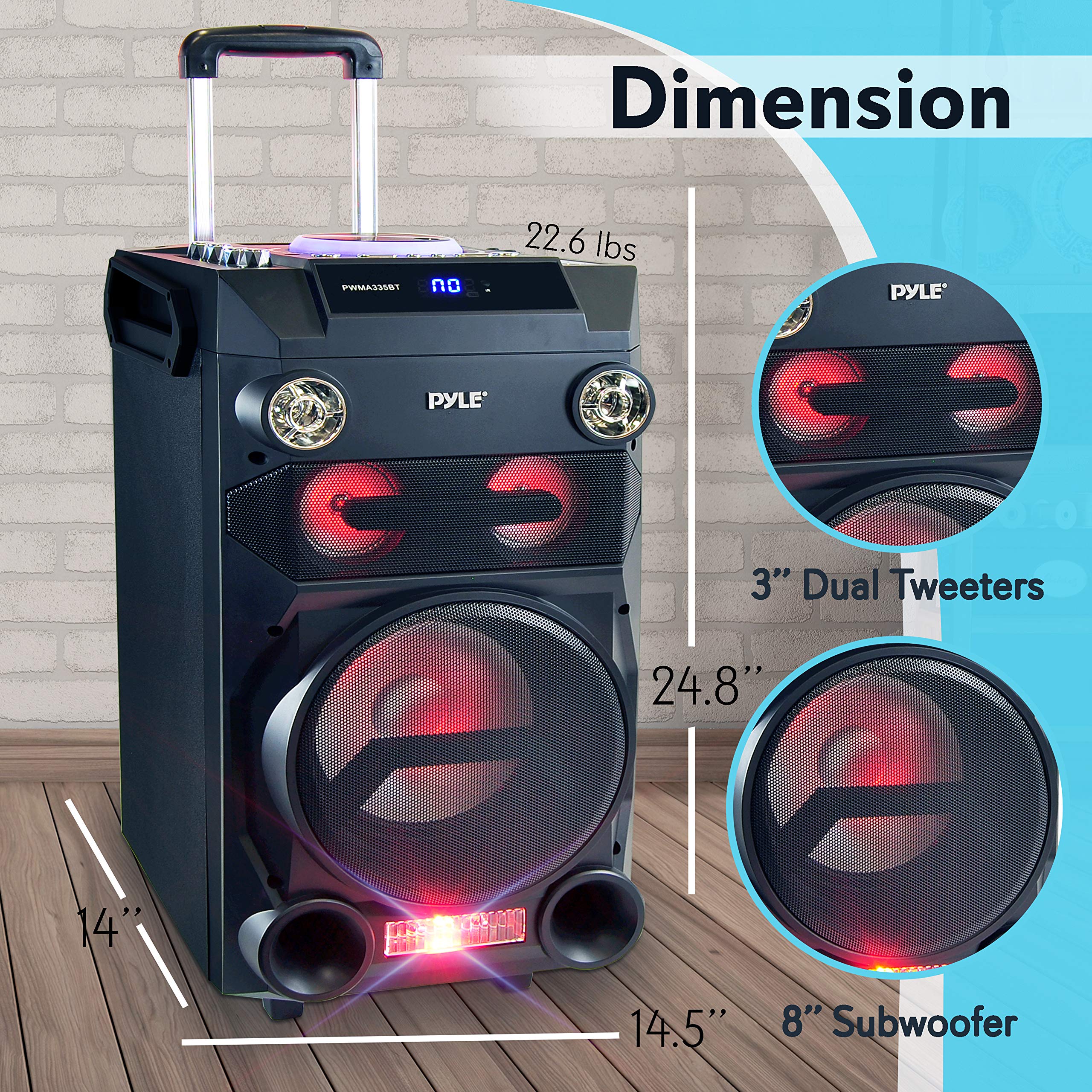 Pyle Portable Wireless Bluetooth Karaoke PA Loud speaker - 8'' Subwoofer Sound System with DJ Lights, Rechargeable Battery, FM Radio, USB / Micro SD Reader, Microphone, Remote - PWMA335BT