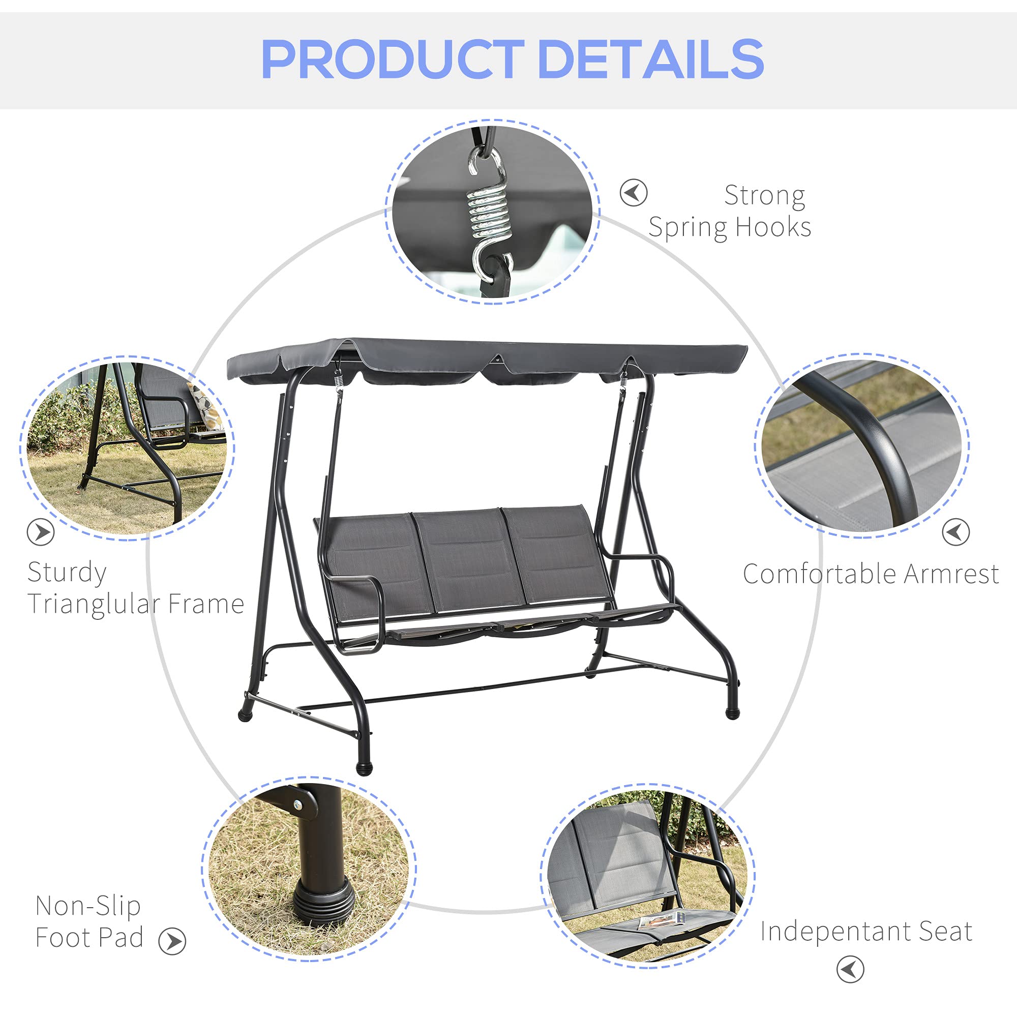 Outsunny 3-Seater Porch Swing Chair, Outdoor Swing Glider with Adjustable Canopy, Padded Breathable Seat, for Garden, Poolside, Backyard, Deck