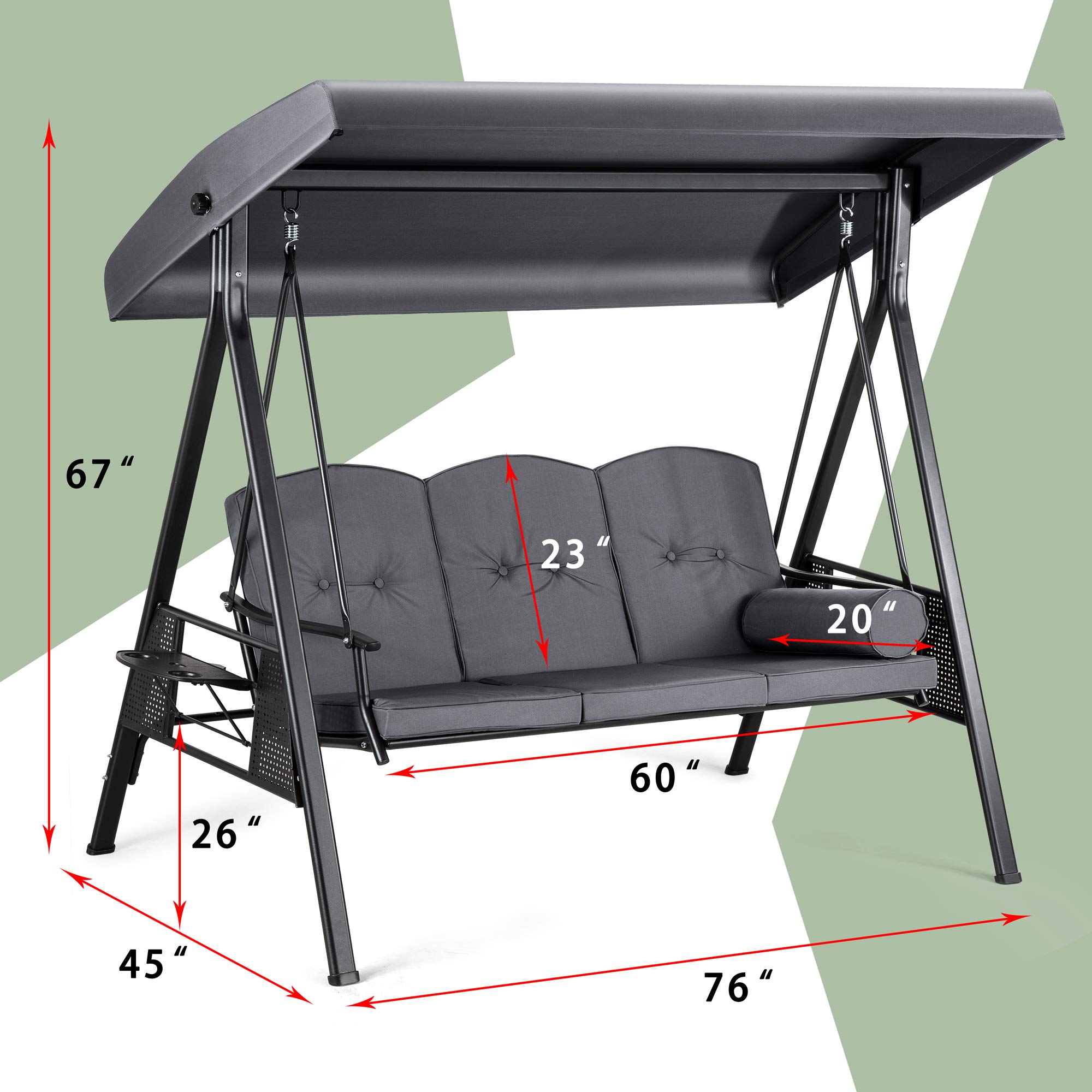 Pamapic 3-Seat Outdoor Patio Swing Chair with Weather Resistant Steel Frame, Adjustable Canopy Removable Cushion and Pillow for Backyard, Garden, Porch, Poolside, Balcony(Gray)