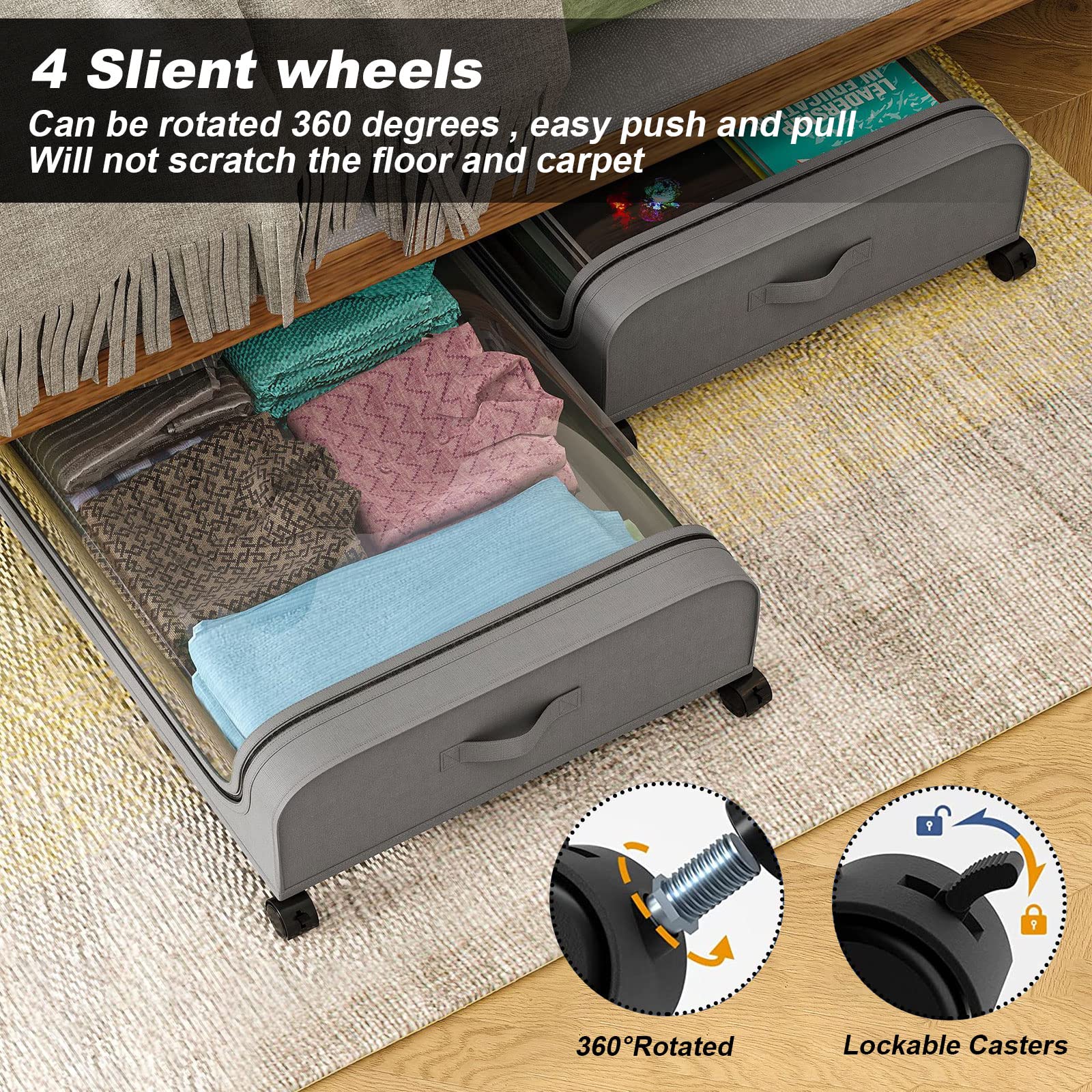 Longzhuo Under Bed Storage with Wheels, Under Bed Storage Containers, Rolling Under Bed Storage, Dustproof Under Bed Shoe Storage, Organization and Storage for Clothes, Shoes