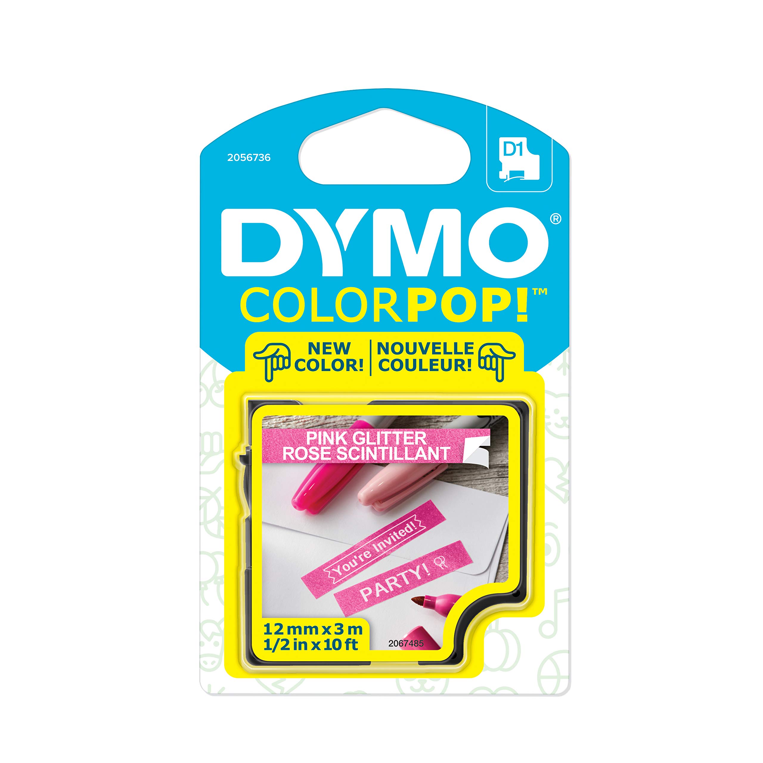 DYMO COLORPOP Authentic Label Maker Tape, 1/2" W x 10' L, White Print on Pink Glitter, D1 Standard