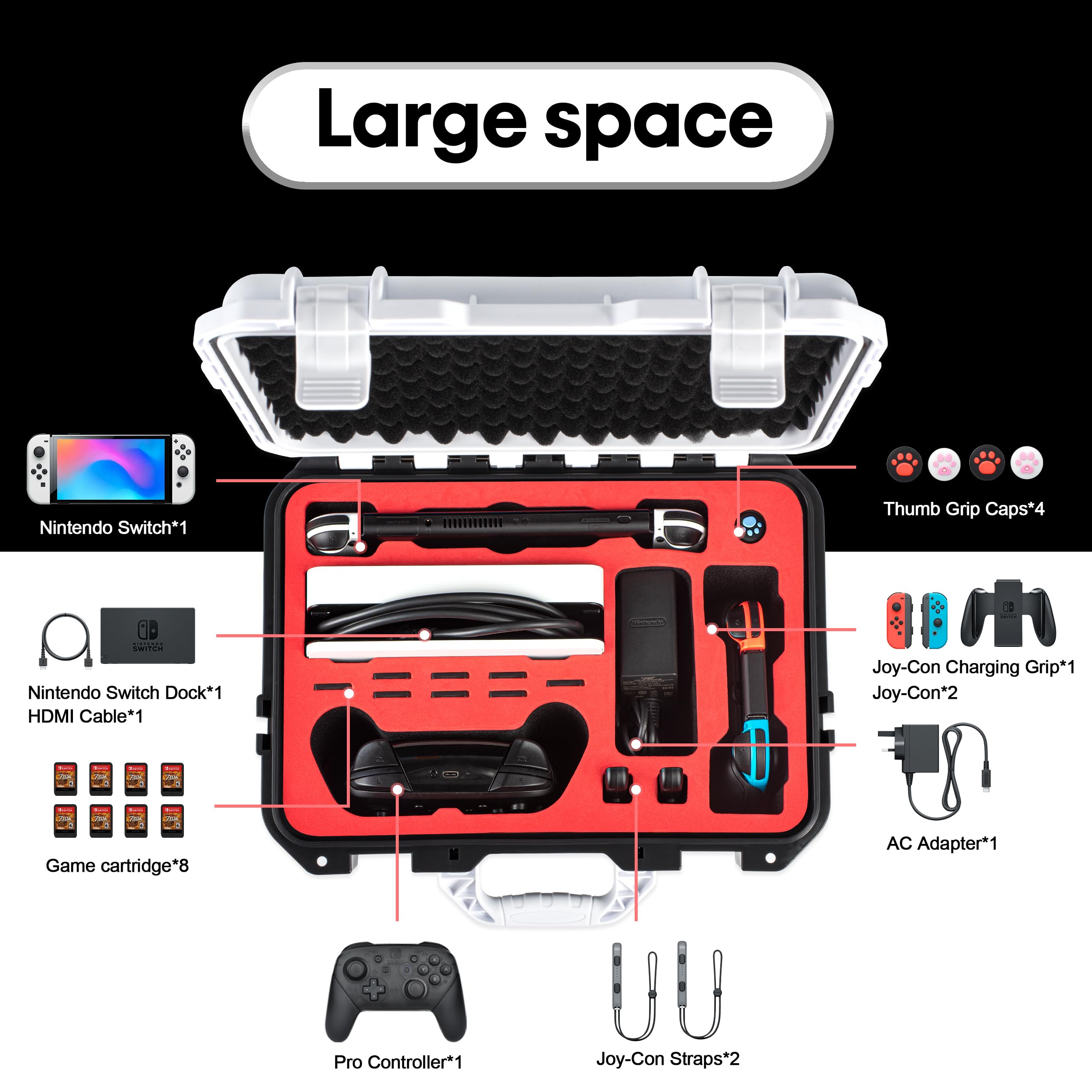 DEVASO Carrying Case for Nintendo Switch Travel Case, Professional Deluxe Waterproof Case Soft Lining Hard Case for Nintendo Switch OLED Model Console Pro Controller & Accessories (Black&White)