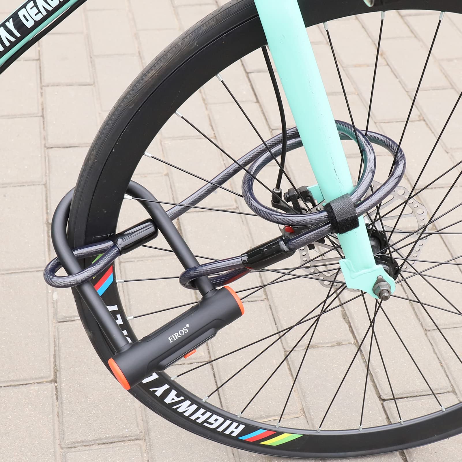 FIROS Anti-Theft Bike U Lock, Heavy Duty, 16mm, Black, 5ft Steel Cable, Mounting Bracket, 9.45x6.69in