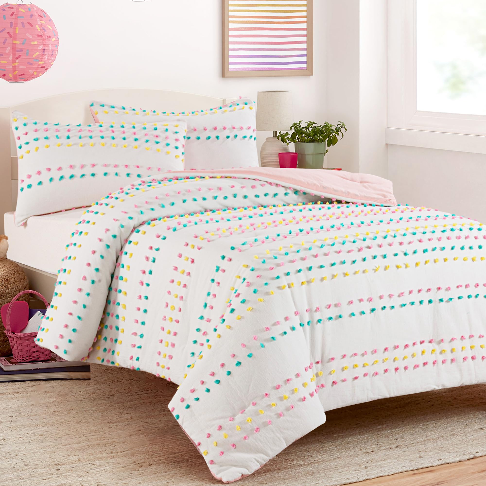 HOMBYS Tufted Pom Poms Bedding Comforter Set for Girls, 3 Piece White Boho Jacquard Kids Comforter Set for All Season,Twin/Twin XL Size