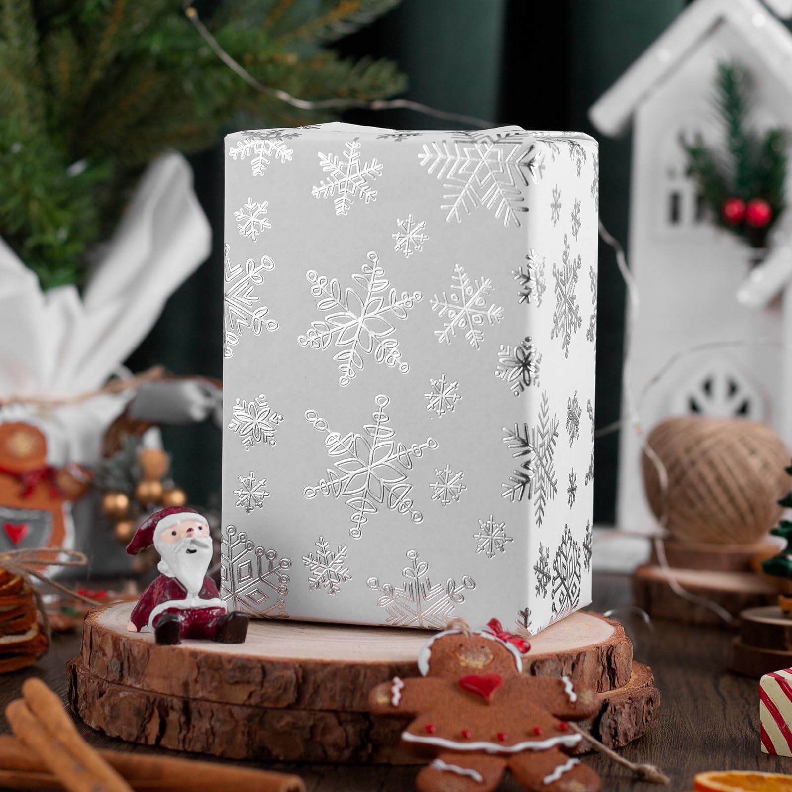 Homeral Christmas Wrapping Paper Roll - 46.8sq.ft. 3D Embossed Silver Foil Snowflakes on White for Christmas, Winter Holiday, Party, New Year Celebration- 17in x 33ft
