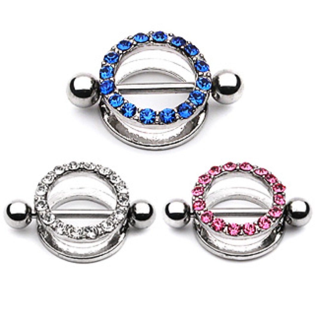 Dynamique 14G Pair of Gem Paved Round Nipple Shields (Clear)