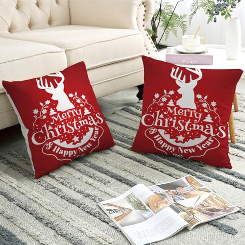 Christmas Deer Pillow Covers Animal Tree Moon Snowflakes Pack of 2 Throw Pillow Covers Home Decorative Soft Linen Square Comfy,red,16x16 Inch
