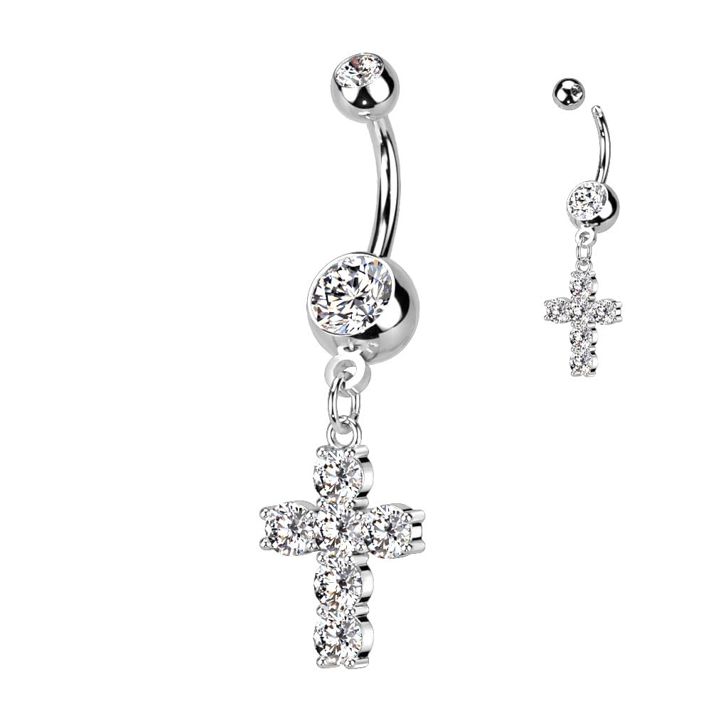 Dynamique Large Prong Set Multi CZ Cross Dangle 316L Surgical Steel Belly Button Ring (Sold Per Piece)