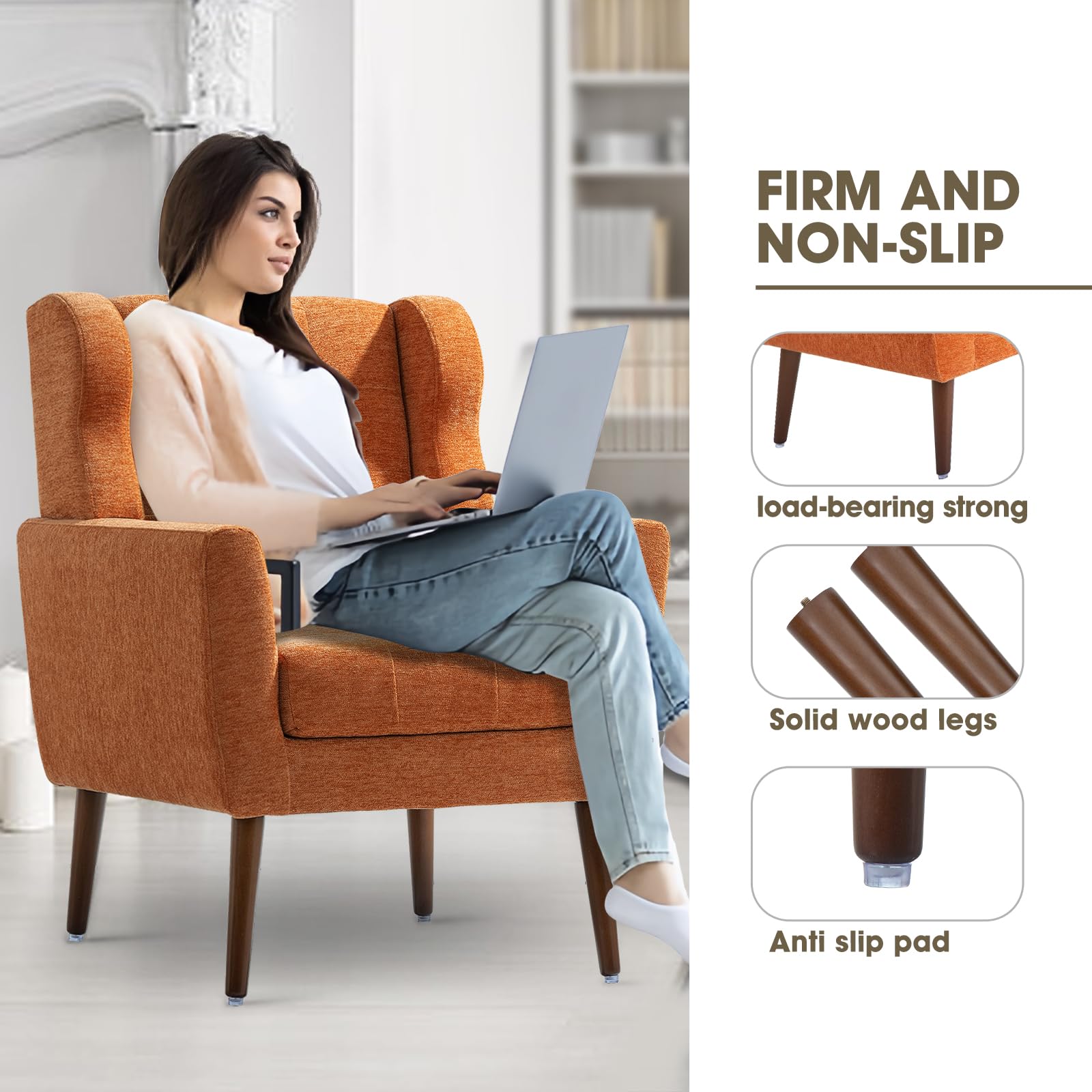 cinkehome Accent Arm Chairs for Living Room, Chenille Upholstered Mordern Armchair, Comfy Soft Padded Lounge Chair in Small Spaces, Bedroom, w/Pillow, Solid Wood Leg, Orange