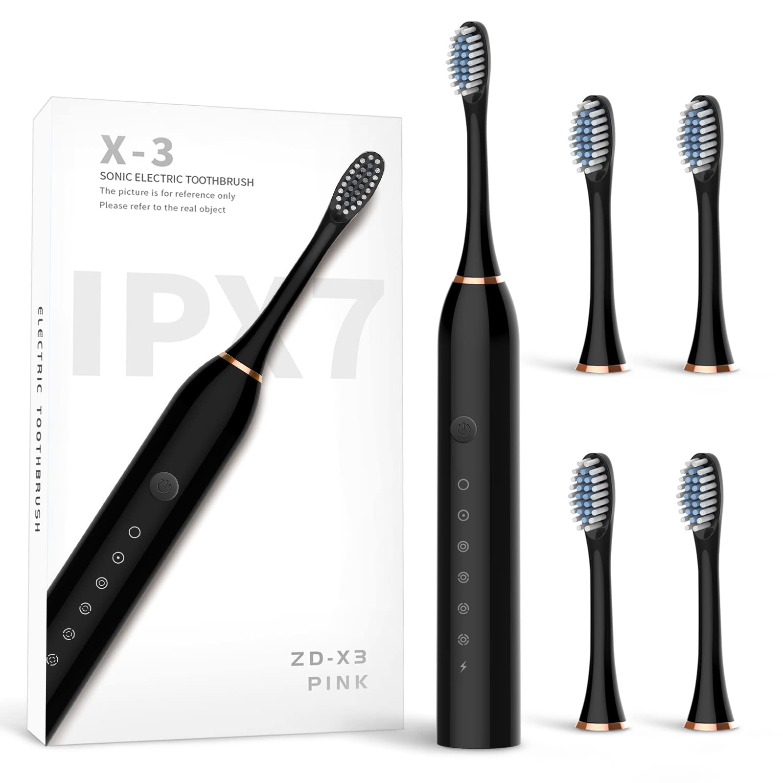 Qhecomce Sonic Electric Toothbrushes USB Rechargeable Ultrasonic Tooth Brush with 4 Brush Heads 6 Cleaning Modes and Smart Timer IPX7 Waterproof Cleaning Toothbrushes for Adults (Black)