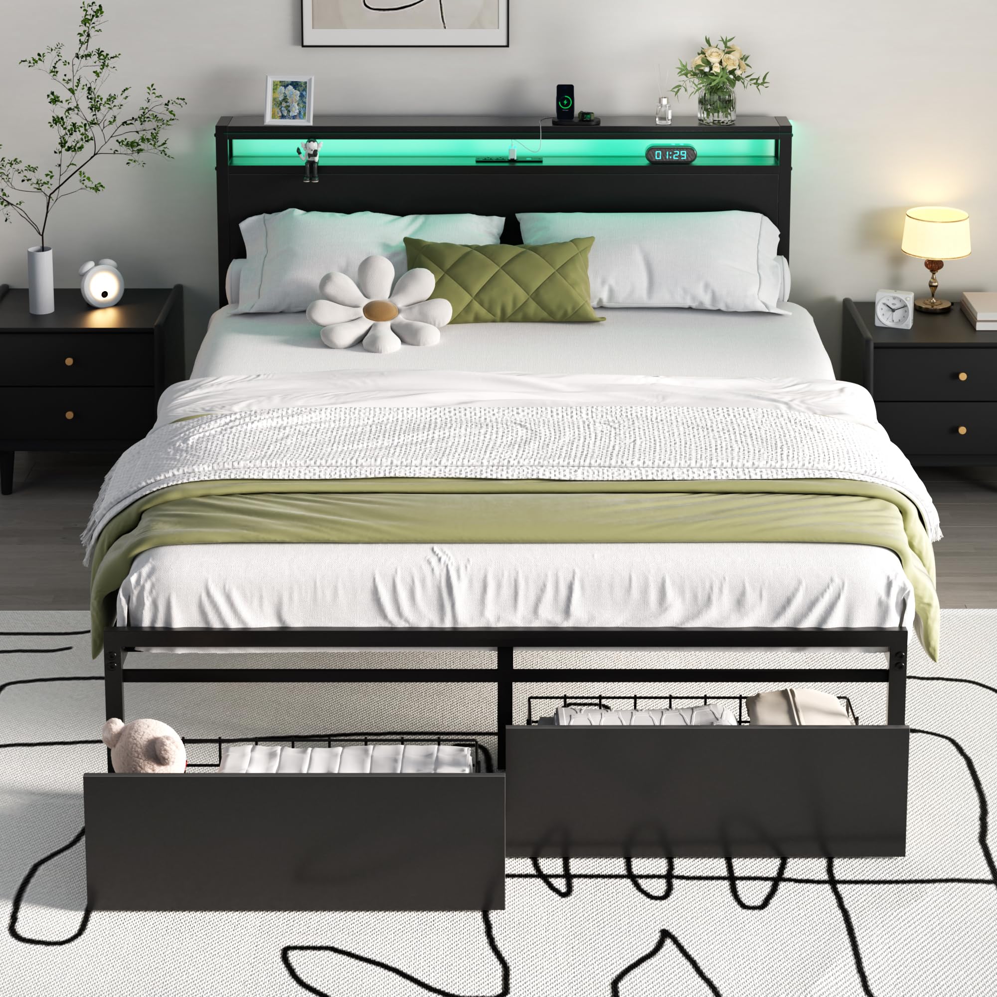 Homieasy King Size Bed Frame with Storage Drawers, Industrial Metal Platform Bed with Charged Headboard and LED Lights, No Box Spring Needed, Noise-Free, Easy Assembly, Black