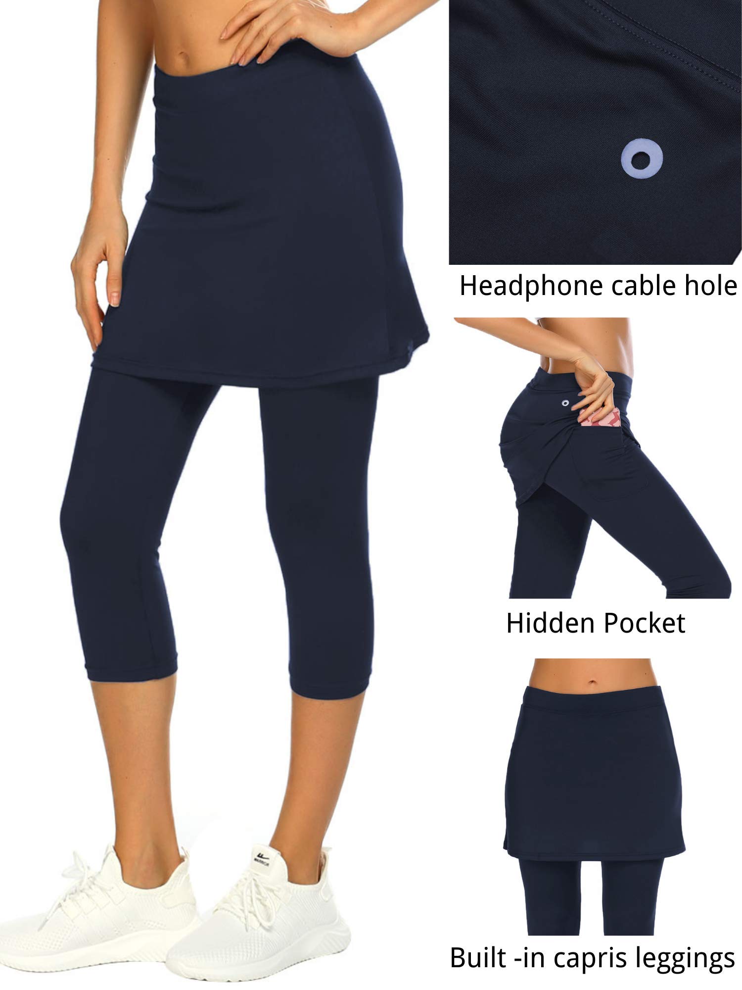 COOrun Skirted Legging for Women Yoga Legging with Skirts Pockets Solid Tennis Golf Capris Leggings Skort Navy Blue
