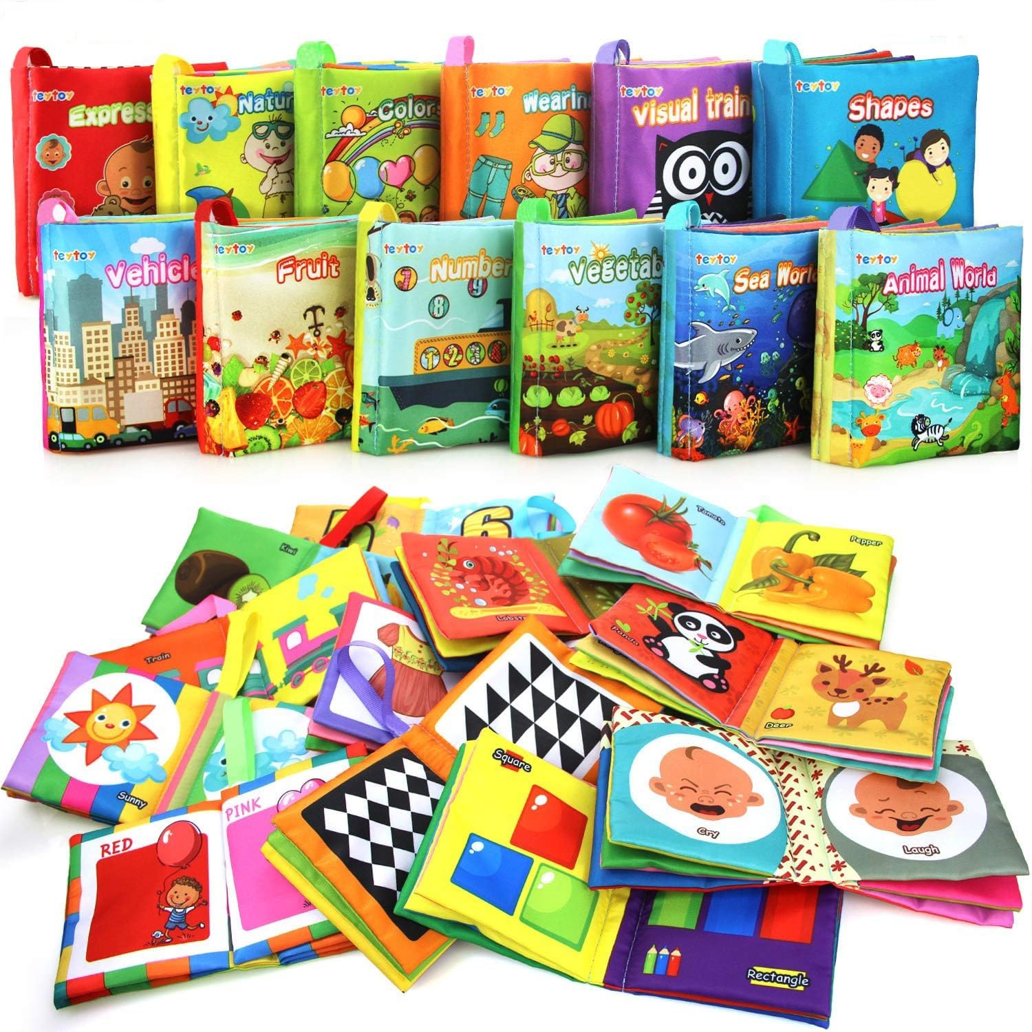 teytoy My First Soft Book, Nontoxic Fabric Baby Cloth Activity Crinkle Soft Books for Infants Boys and Girls Early Educational Toys (Pack of 12)