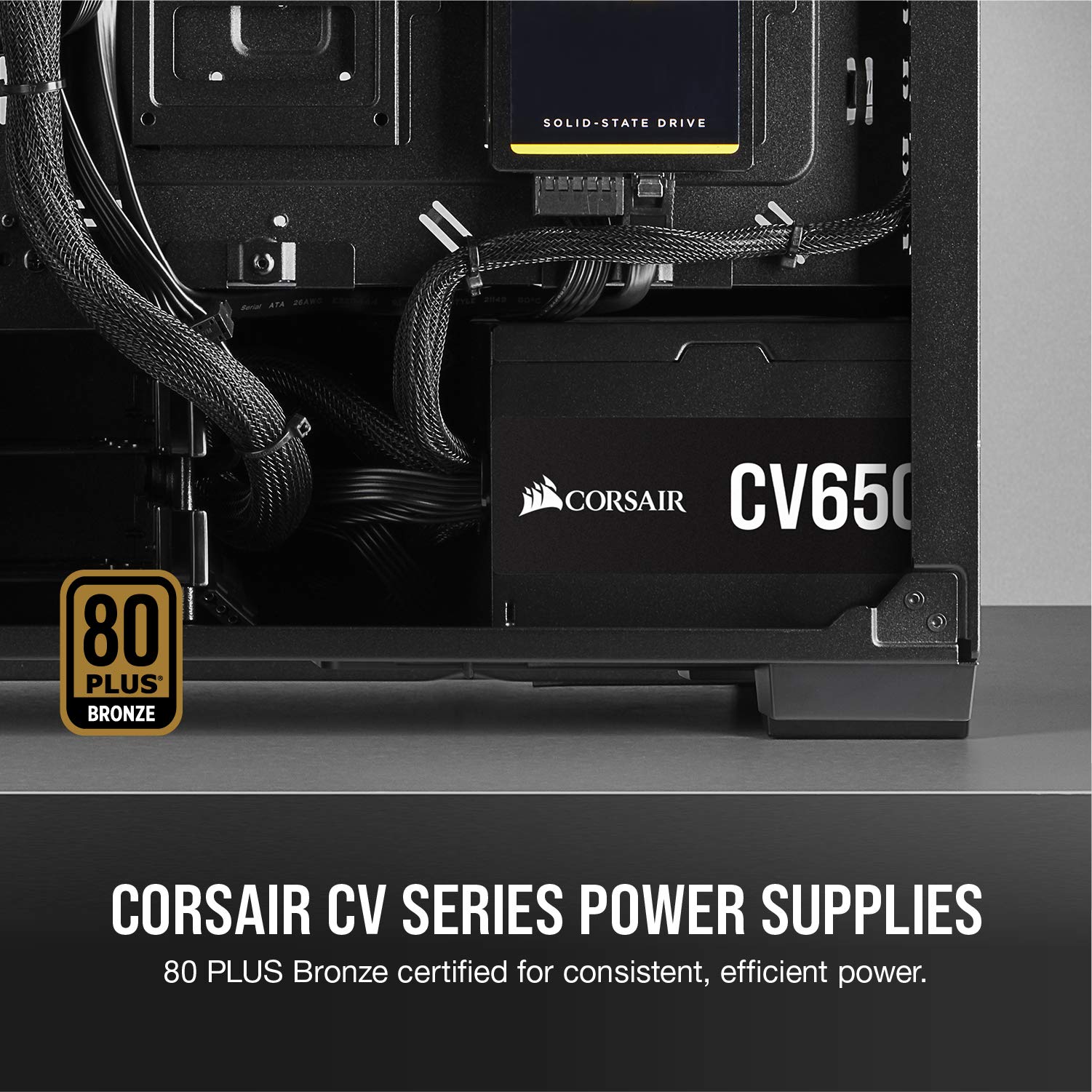Corsair CV Series, CV650, 650 Watt, Dual EPS, 80 PLUS Bronze Certified, Non Modular Power Supply (Low Noise, Compact Casing, Black Sleeving and Casing) NA Version - Black