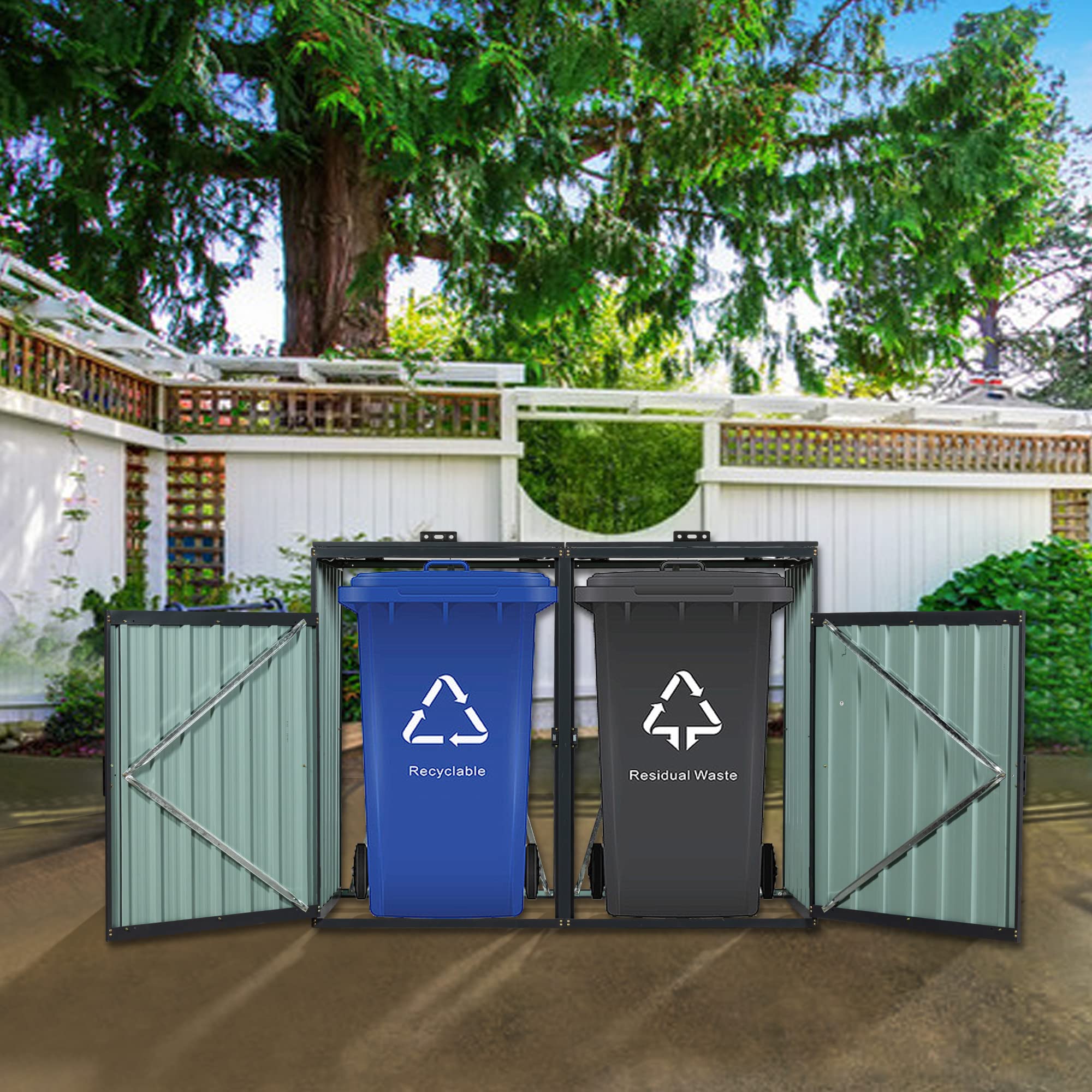 Homtique Outdoor Trash Can Storage Shed, Garbage Bin Shed for 2 Trash Cans and Tools, Stainless Galvanized Steel, Metal Trash Can Shed for Garden Yard Lawn