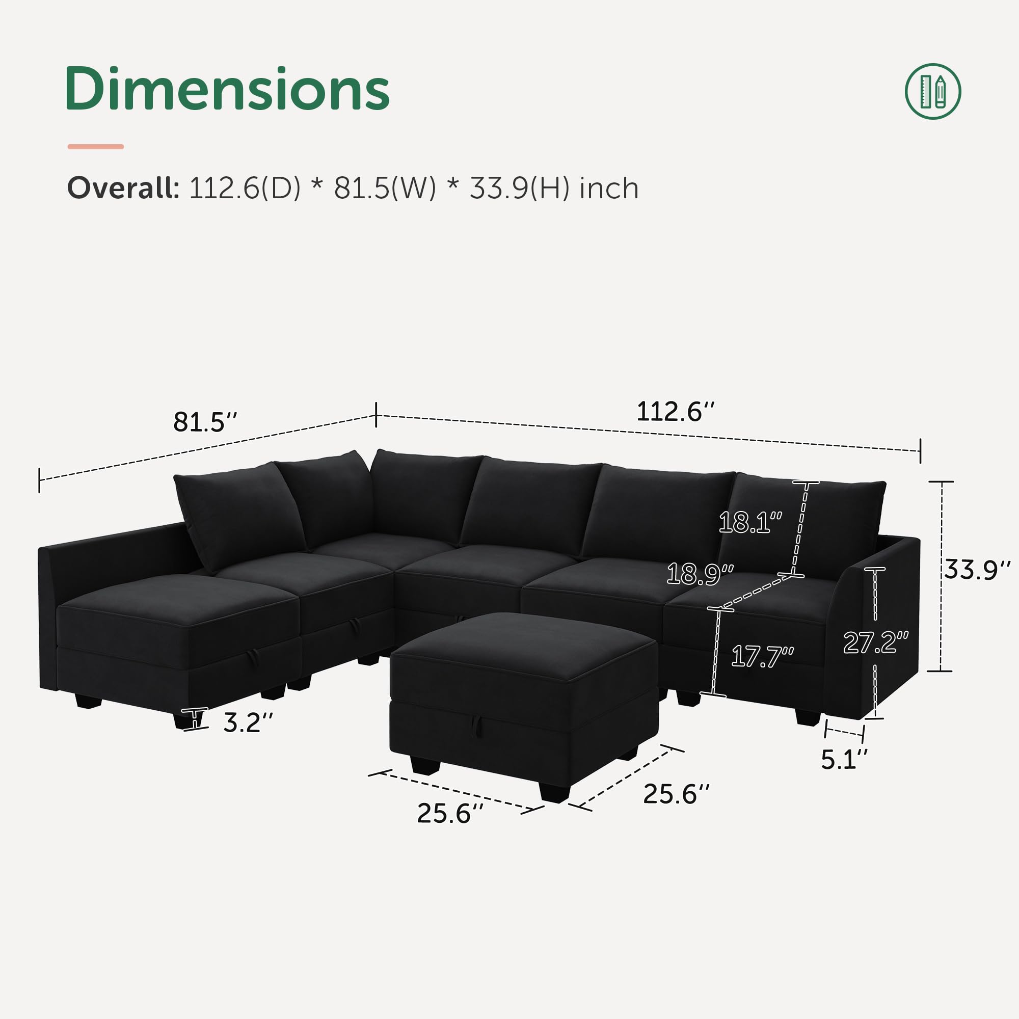 HONBAY Modular Sectional Sofa with Storage Ottoman Velvet Modular Couch with Reversible Chaise L Shape Sectional Couches for Living Room,Black