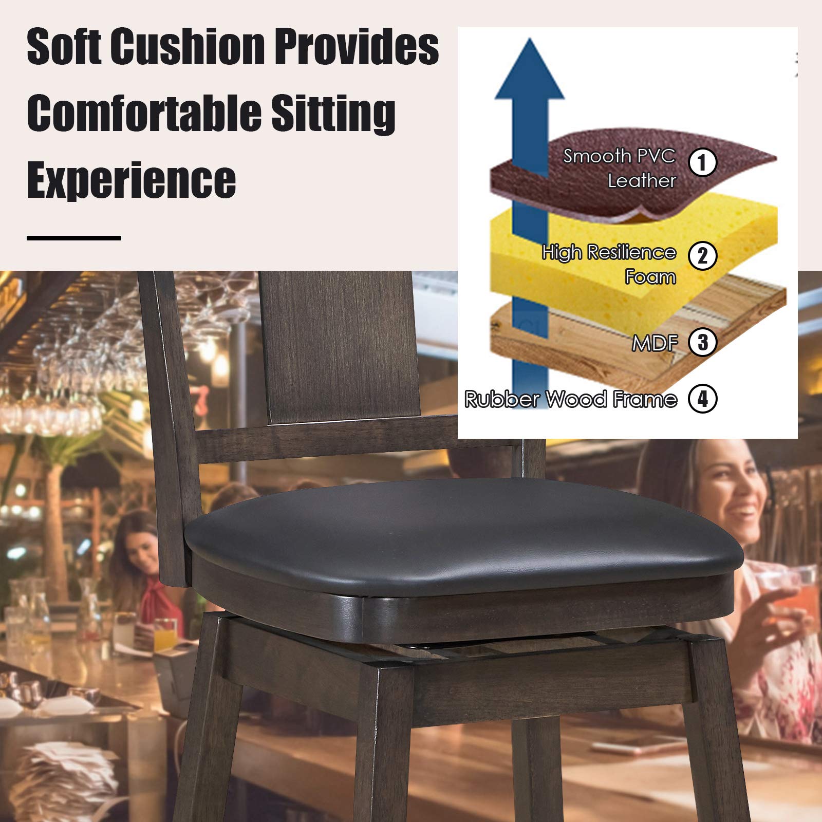 COSTWAY Bar Stools Set of 3, 360 Degree Swivel, Wooden Bar Height Bar Stool, Leather Padded Seat, Single Slat Back & Solid Rubber Wood Legs, Upholstered Stool for Dining and Living Room (3, 29)
