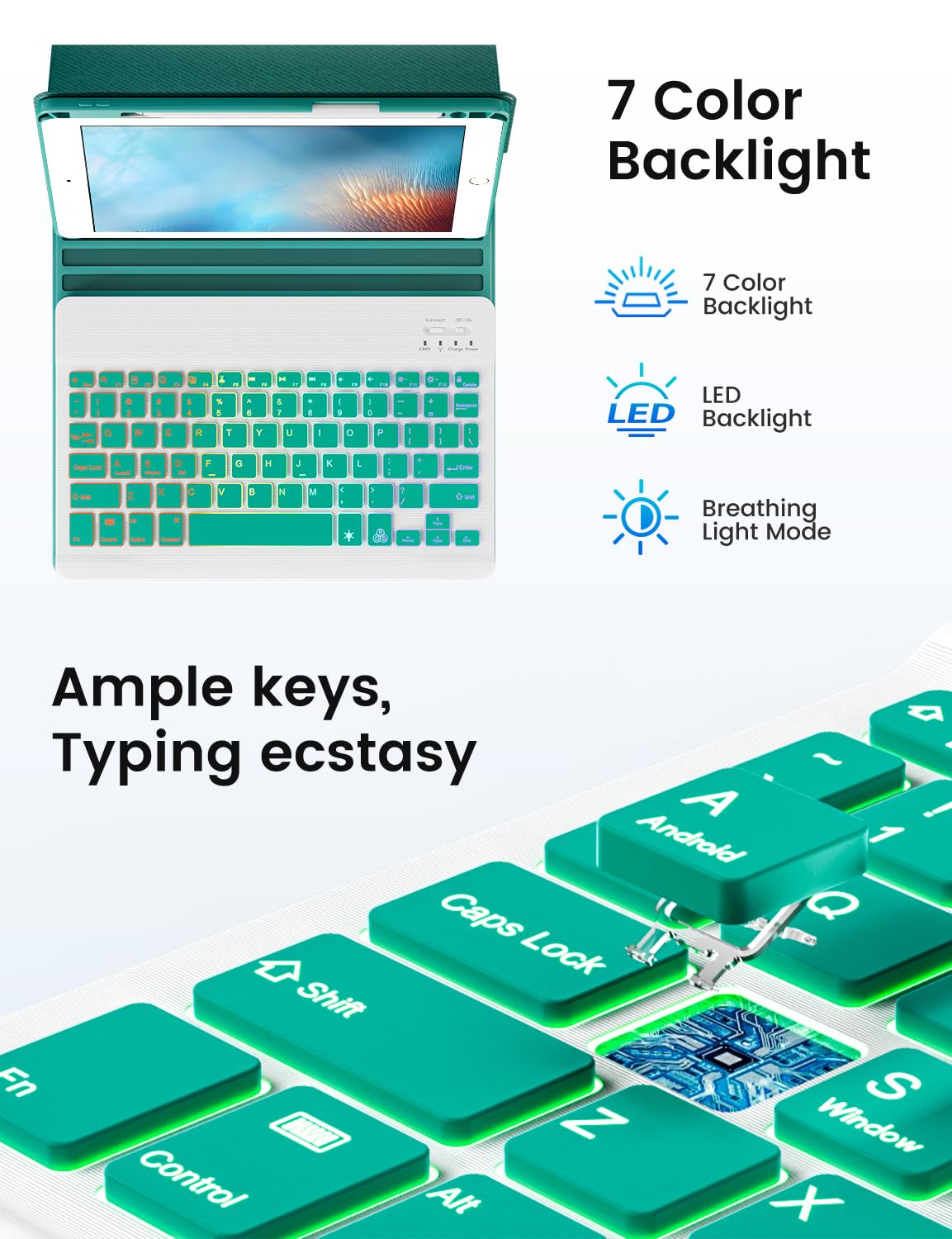 OYEEICE Keyboard case for iPad 9.7 inch, iPad 6th Gen (2018), iPad 5th Gen (2017), iPad Air 2 (2014) - 7 Color Backlit Wireless Keyboard with Pencil Holder for iPad 6th/5th Pro 9.7'' Air 2/1 - Teal