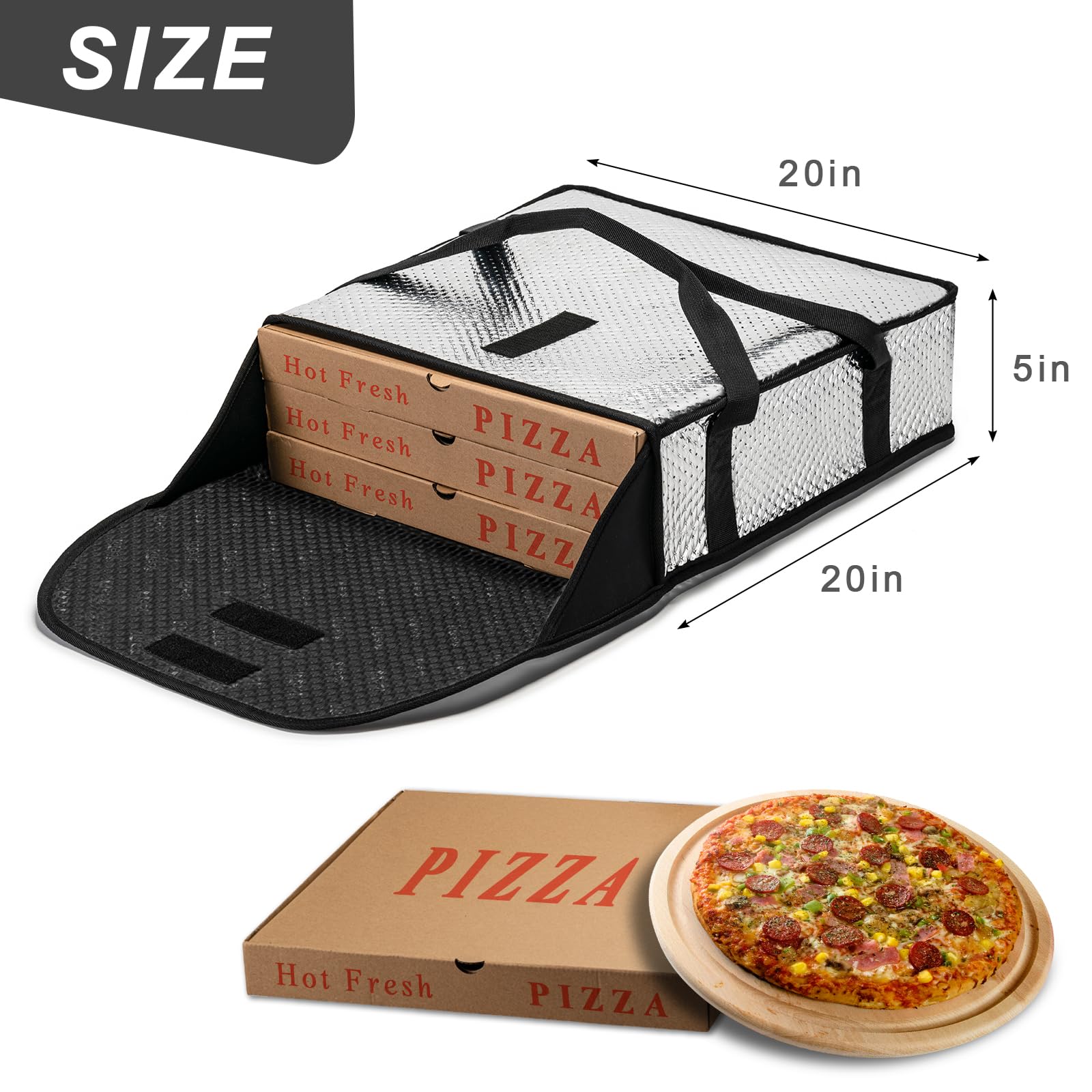 iceMi Pizza Bags for Delivery 20" X 20" X 5" - Moisture-Free, Professional Thermal Pizza Warmer, Heavy-Duty Food Carrier, Suitable for Restaurants,Picnic Uber Eats & Door Dash( Silver)
