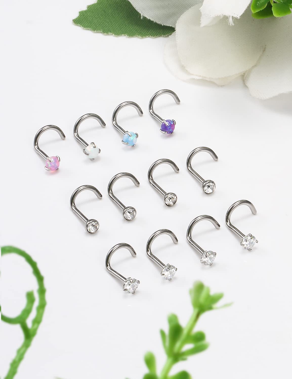Cisyozi 22G Nose Rings Stud Piercing Jewelry Women Stainless Surgical Steel Nose Stud Silver Screw Twist Spiral Corkscrew Nose Nostril Ring Stud Hook Set Piercing Jewelry Women Men 1.5mm Diamond Opal