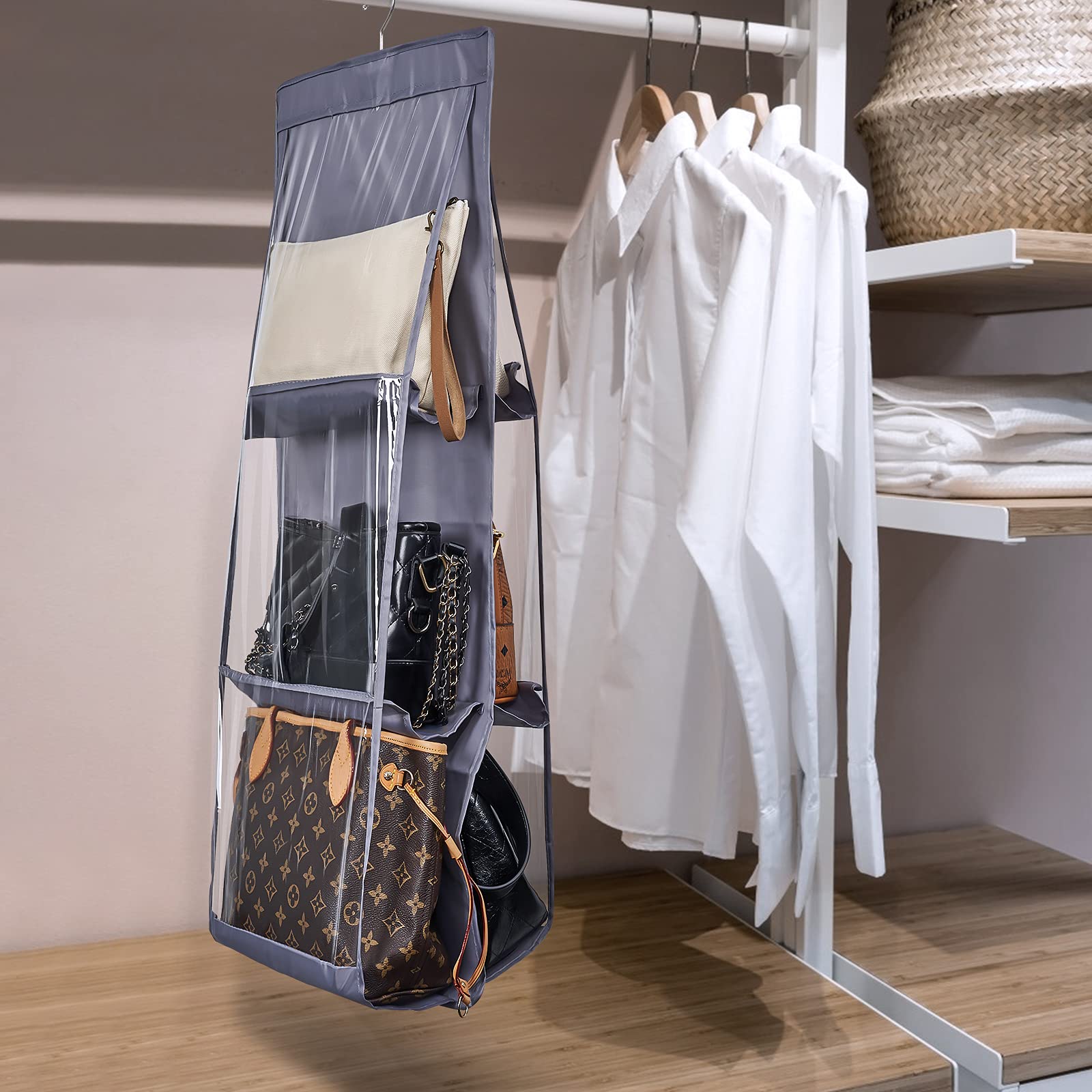 Vercord Hanging Purse Organinzer Handbag Tote Hanger Closet Dustproof Storage Bag with Six Pockets Grey