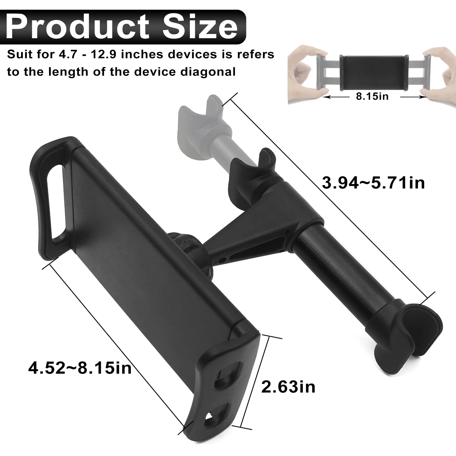 Headrest Phone/Tablet Car Mount, Car Headrest Mount, Car Backseat Seat Mount Holder Universal 360° Rotating, Adjustable Tablet Holder for 4.7-7.9" Devices, Headrest Posts Width 3.94-5.71" (Black)