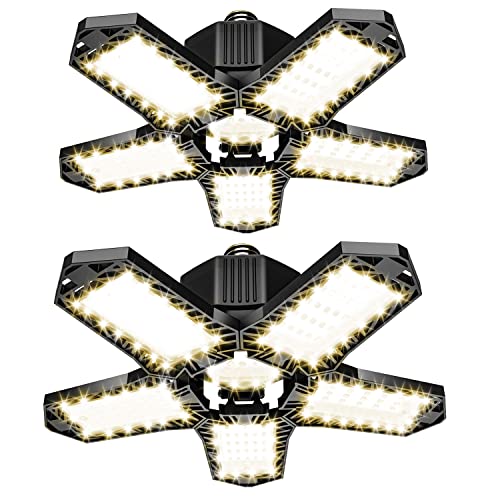 Citiuplift LED Garage Light 2 Pack 100W Warm White Garage Lights Ceiling LED 10000LM Deformable Led Garage Lights 3000K with 5 Panels E26/E27 Base Led Shop Lights for Garage Basement