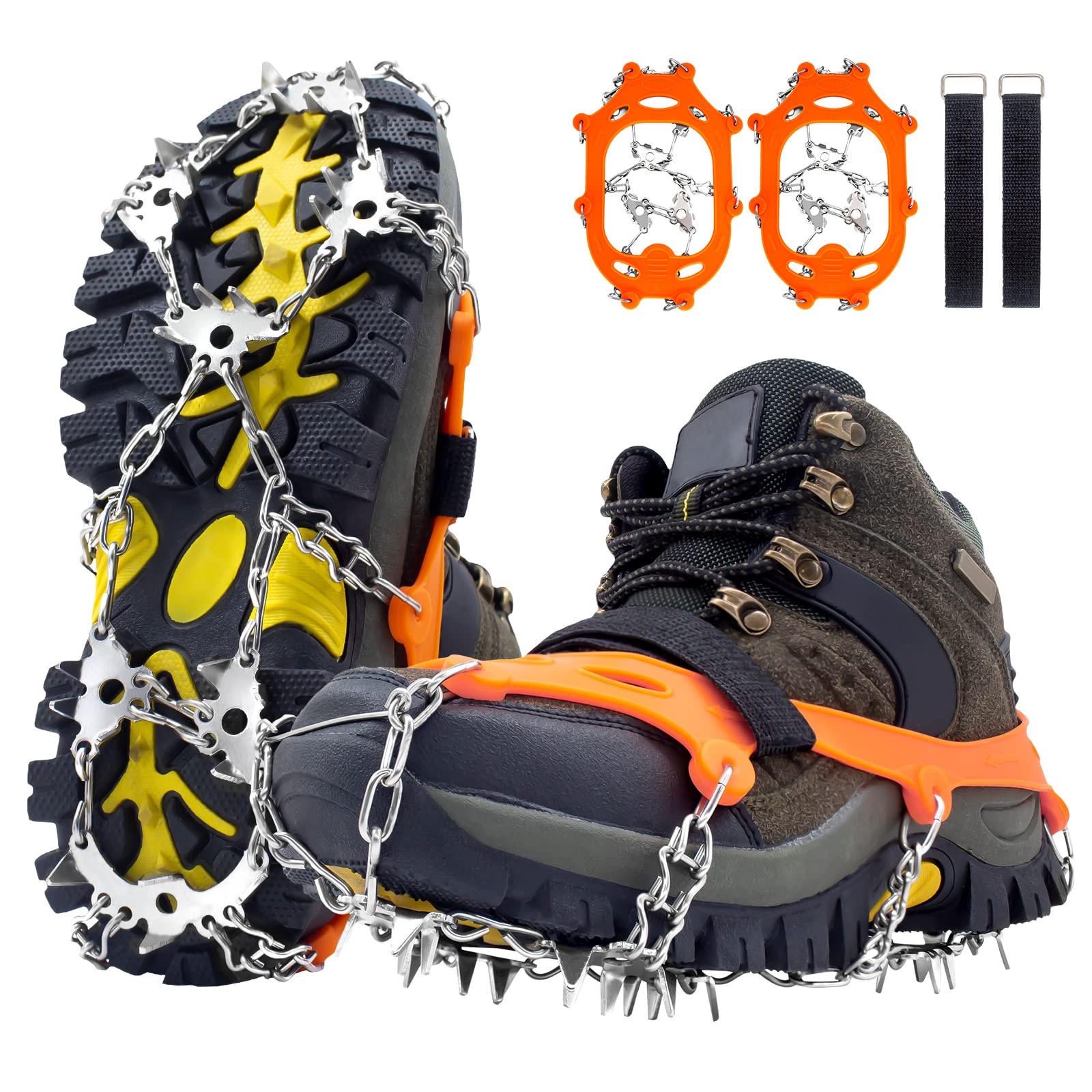Crampons Ice Cleats Anti Slip Newest 28 Stainless Steel Spikes Suitable for All Boots Shoes Great Protect for Hiking Trekking Walking Jogging Climbing Mountaineering Fishing Men Women Kids(Orange, L)