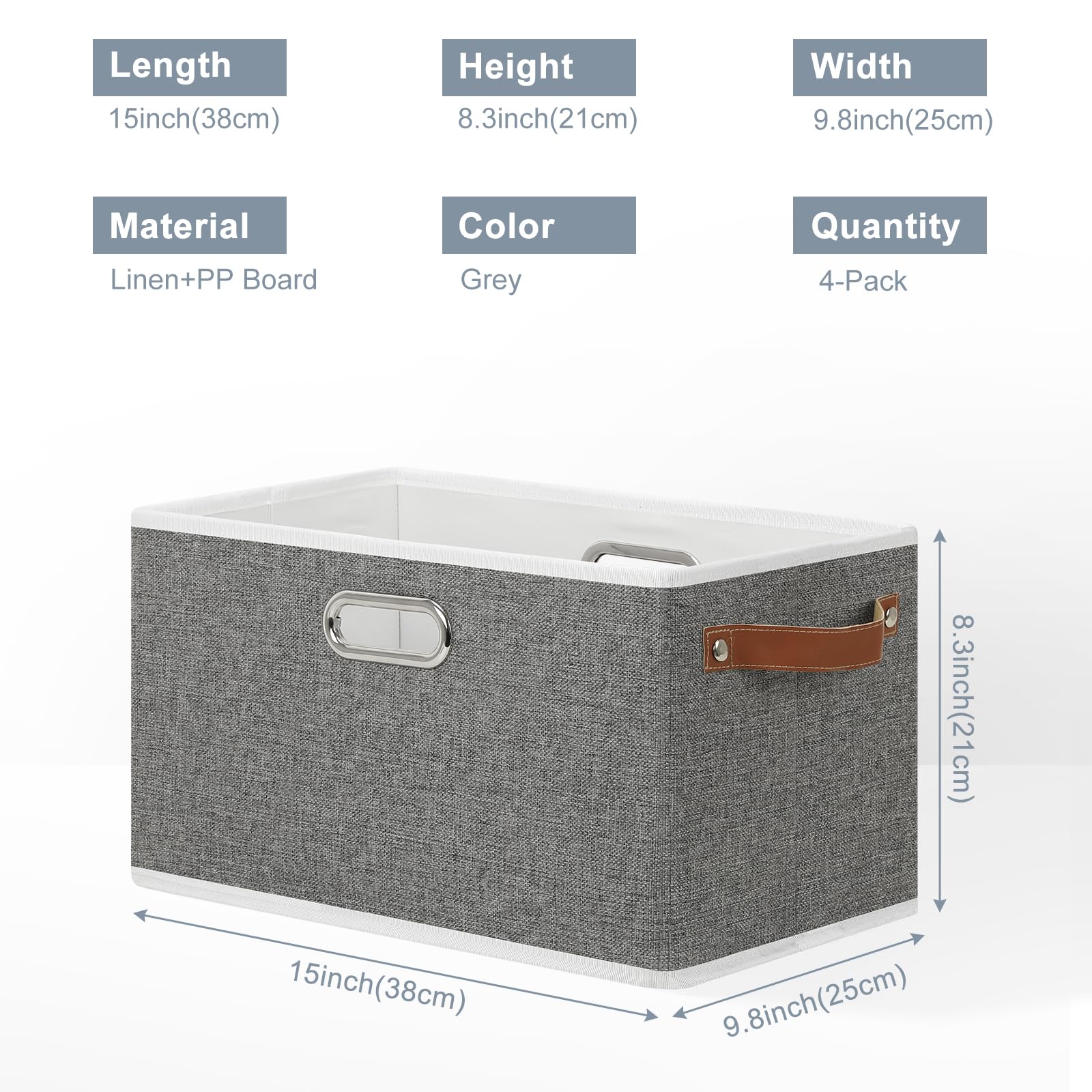 LOVSTORAGE Collapsible Storage Boxes, 4 Pack Fabric Foldable Storage Bins Organizer Containers with Dual Leather Handles,15.0 x 9.8 x 8.3 inch Storage Organizer Baskets for Shelves Home, Grey