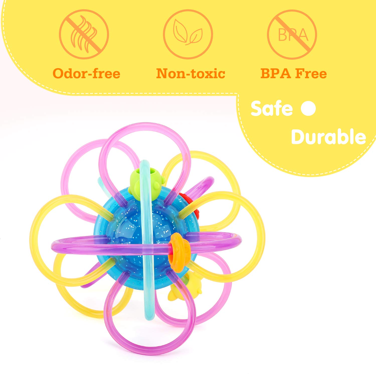 Zooawa Baby Teether, Soft Rattle and Sensory Ball Teething Toy for Pain Relief, BPA-Free Teether Ball Rattle Toy for Infants and Toddlers All Ages, Easy to Hold, Translucent