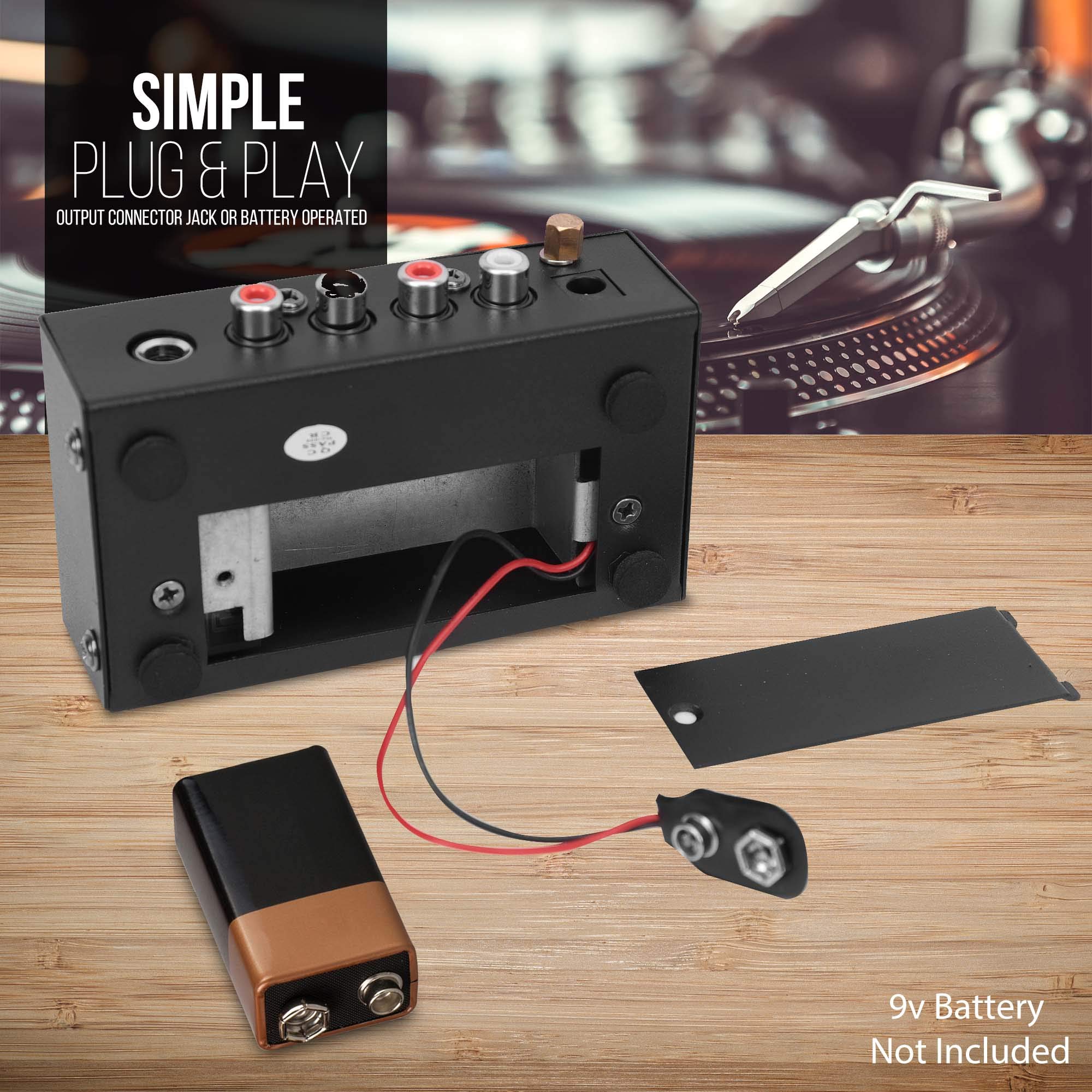 Pyle Phono Turntable Preamp - Mini Electronic Audio Stereo Phonograph Preamplifier with 9V Battery Compartment, Separate DC 12V Power Adapter, RCA Input, RCA Output & Low Noise Operation (PP555) BLACK