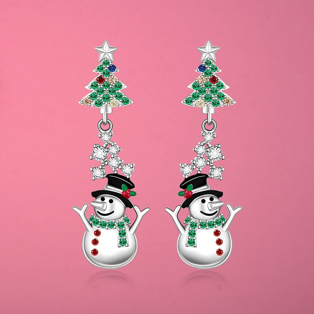 Christmas Tree Snowman Earrings for Women Sterling Silver Tree with Star Holiday Dangle Drop Earrings Winter Colorful CZ Xmas Gift