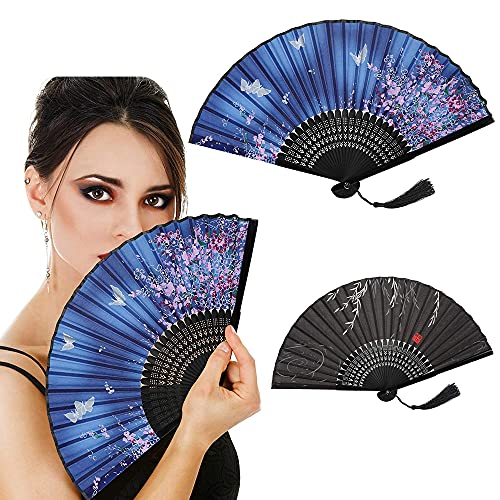 Floral Folding Hand Fans Chinese Style Bamboo Folding Fan Vintage Pattern Hand Fan Handheld Fabric Folding Fan with Tassel for Women Wedding Party(52)