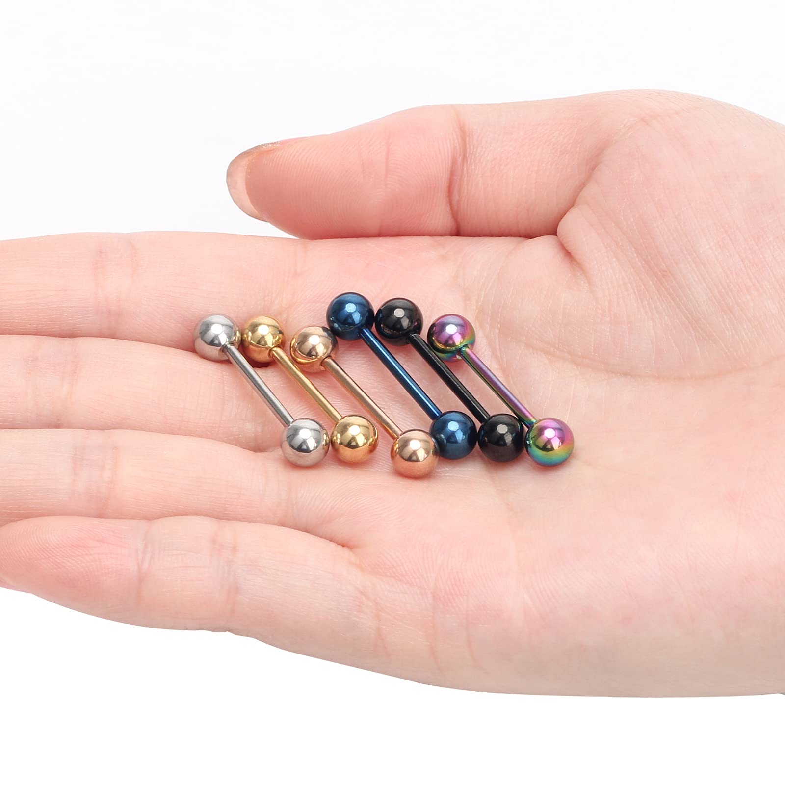 CrazyPiercing 12Pcs Different Color Tongue Rings Surgical Stainless Steel Tongue Piercing 14G 16mm Length Straight Barbell Piercing Jewelry