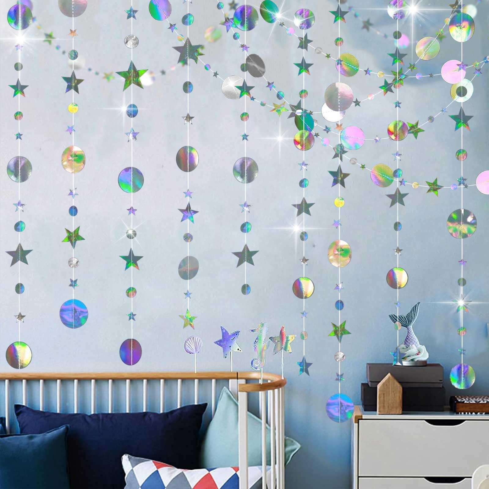 Fecedy 4 Pack Iridescent Star Circle Dot Garland Hanging and Twinkle Little Star Streamer Bunting Banner for Kids Birthday Baby Shower Wedding Party Decoration