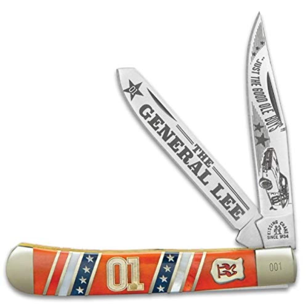 KISSING CRANE General Lee Trapper Pocket Knife | Dukes of Hazard Collectible | 440 Stainless Steel Blades | Laser Etched | Closed Length 4"