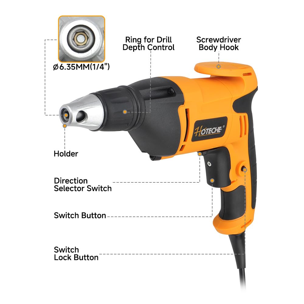 Hoteche 4.5-Amp Drywall Screw Gun, Electric Screwdriver with Variable Speed 0-4500 RPM, 1/4" Chuck, Forward & Reverse Switch