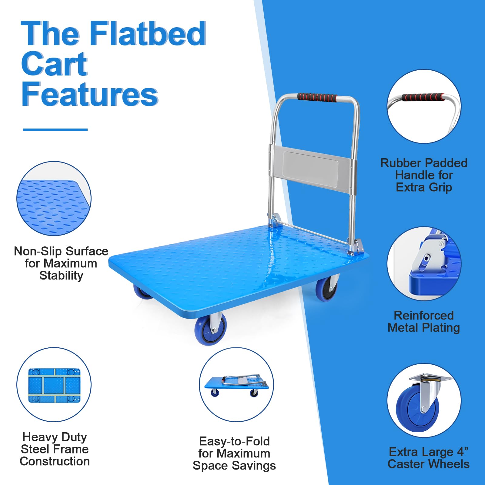 Heavy Duty Platform Truck Folding Flatbed Dolly with 330lb Weight Capacity and 360 Degree Swivel Wheels, for Loading and Moving,Silver (Blue)