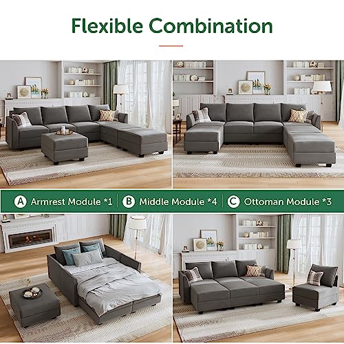HONBAY Modular Sectional Sofa Velvet U Shaped Couch with Ottomans Convertible Sectional Couch 7 Seater Sofa with Storage Seat, Grey