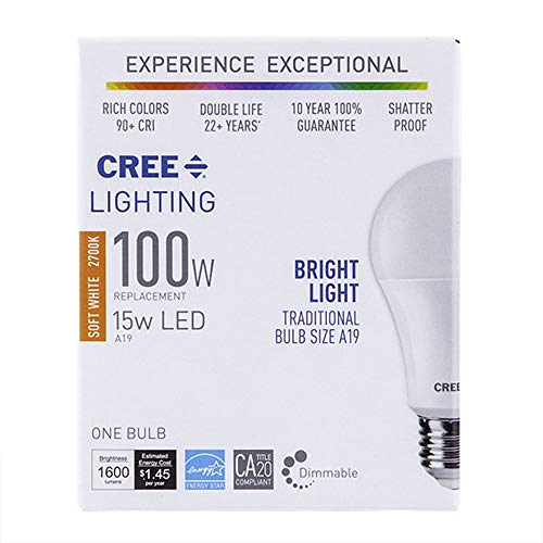 Cree Lighting A19 100W Equivalent LED Bulb, 1600 lumens, Dimmable, Soft White 2700K, 25,000 Hour Rated Life, 90+ CRI | 1-Pack
