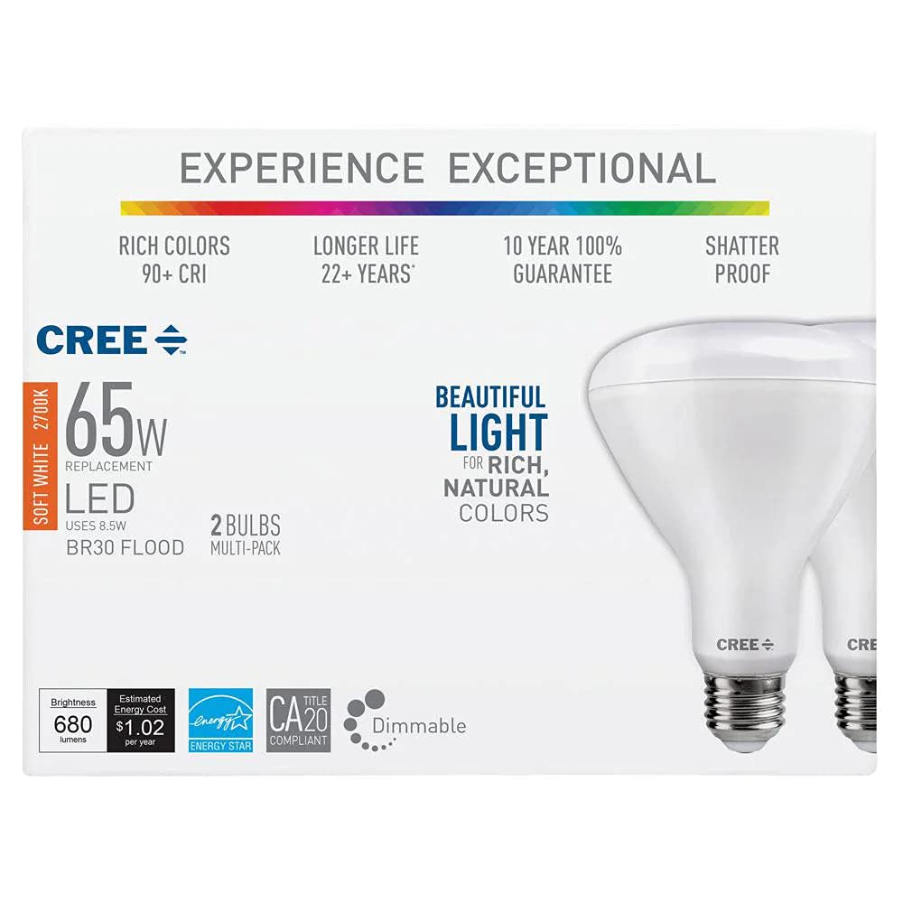 Cree Lighting Exceptional Series BR30 Bulb, 2700K Dimmable LED Bulb, 65W + 680 Lumens, Soft White, [8] 2 Packs