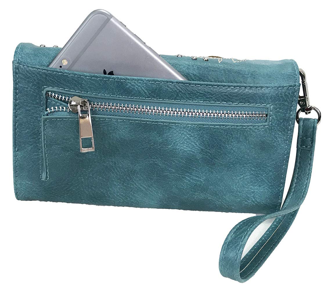 Zzfab Rhinestone Cross Embroidered Floral Western Cross Wallet Turquoise