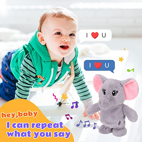 Easfan Talking Elephant Repeats What You Say Electric Walking Singing Stuffed Animal Interactive Funny Plush Toy Musical Speaking Birthday for Kids Toddlers Grey, 8"