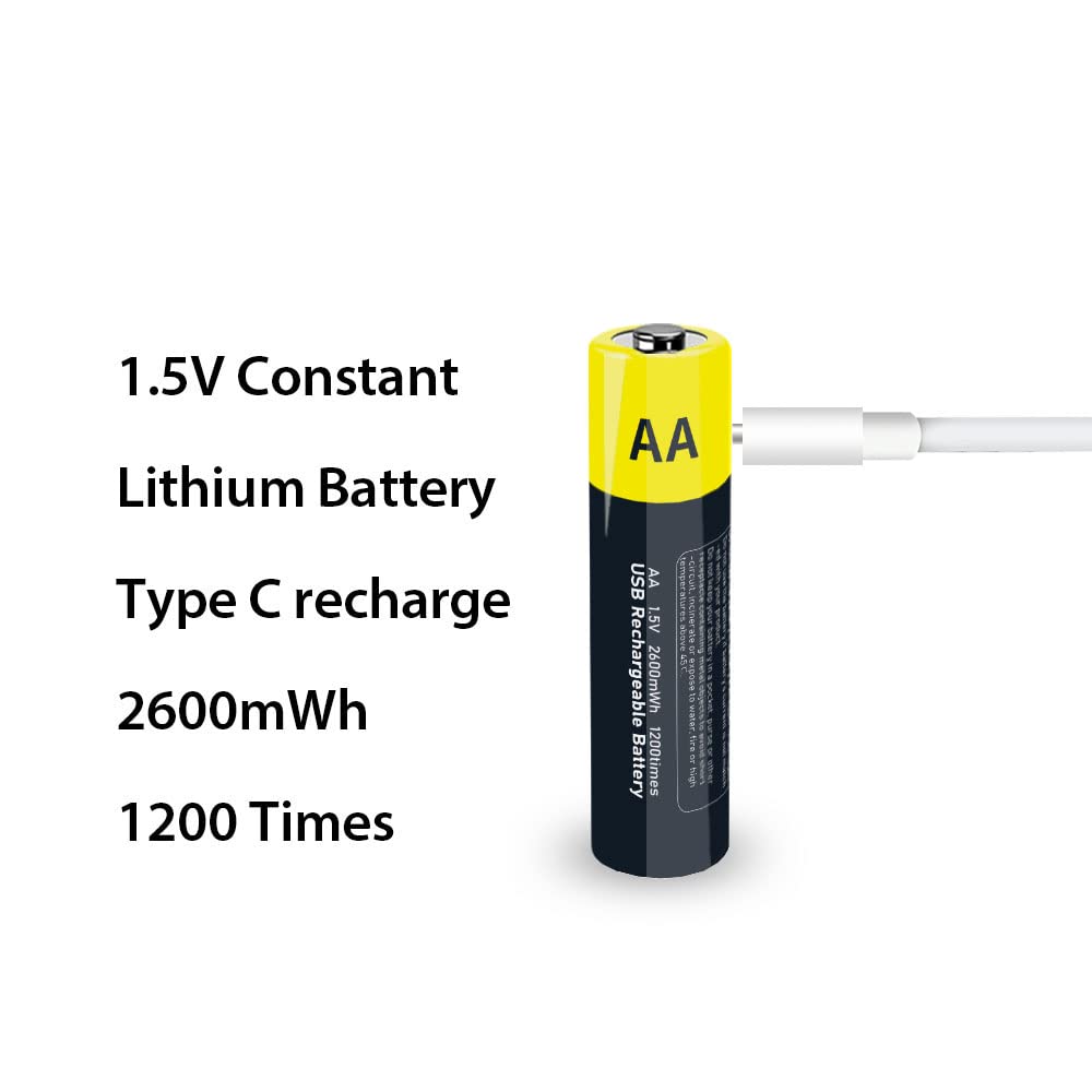 QUBAI Type-C Lithium Rechargeable Batteries AA, 1.5V USB Li-Ion AA Battery, Rechargeable, 2600mWh with Type C Charging Cable, Quick Charge in 2 Hours, (Pack of 4) (4AA)